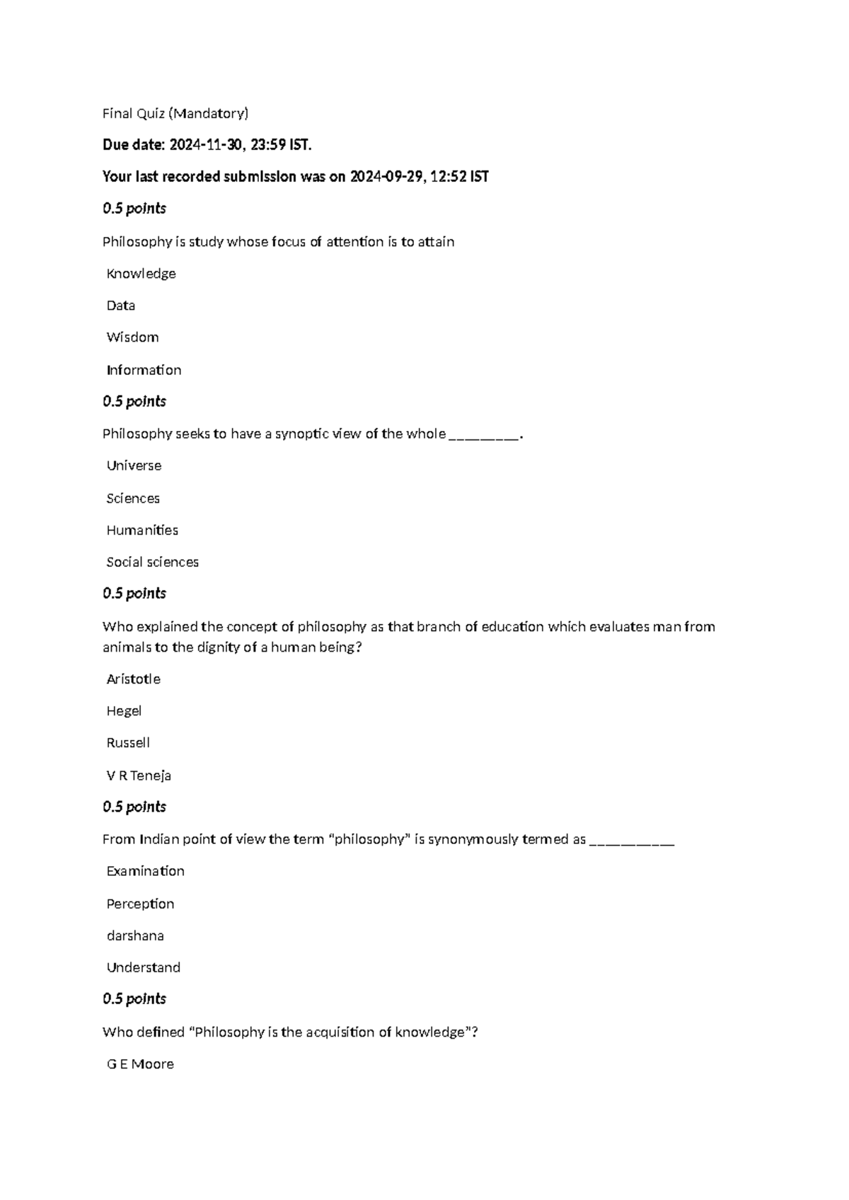 Final Quiz RPE - Notes - Final Quiz (Mandatory) Due date: 2024-11-30 ...