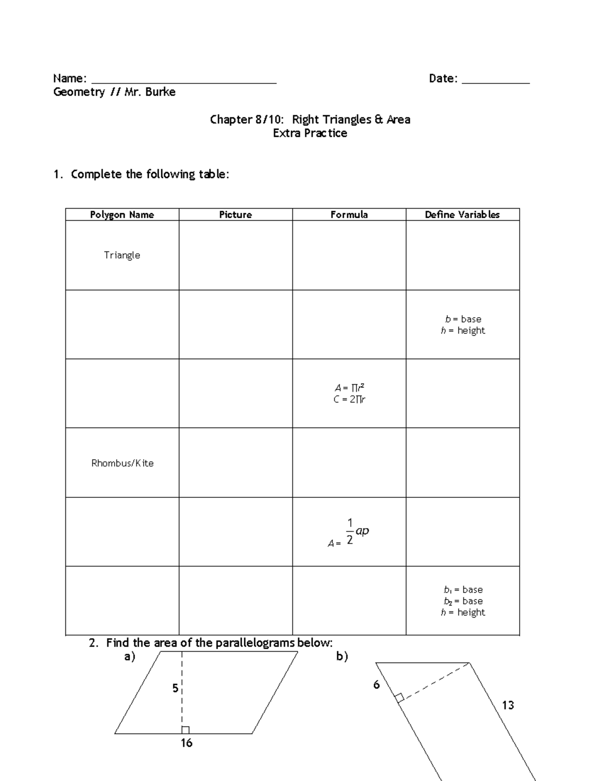 Geom 09: Chapter Right Triangles Area Extra Practice - Studocu