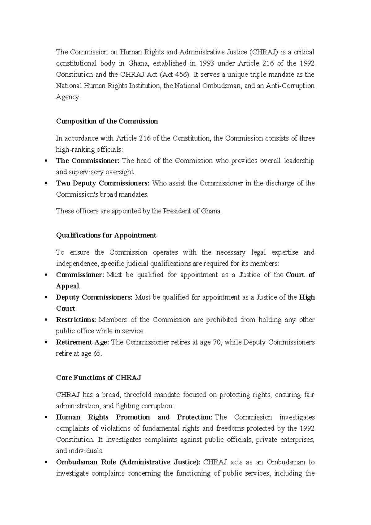 Ghana Legal System Exam Notes: CHRAJ & Key Constitutional Cases - Studocu