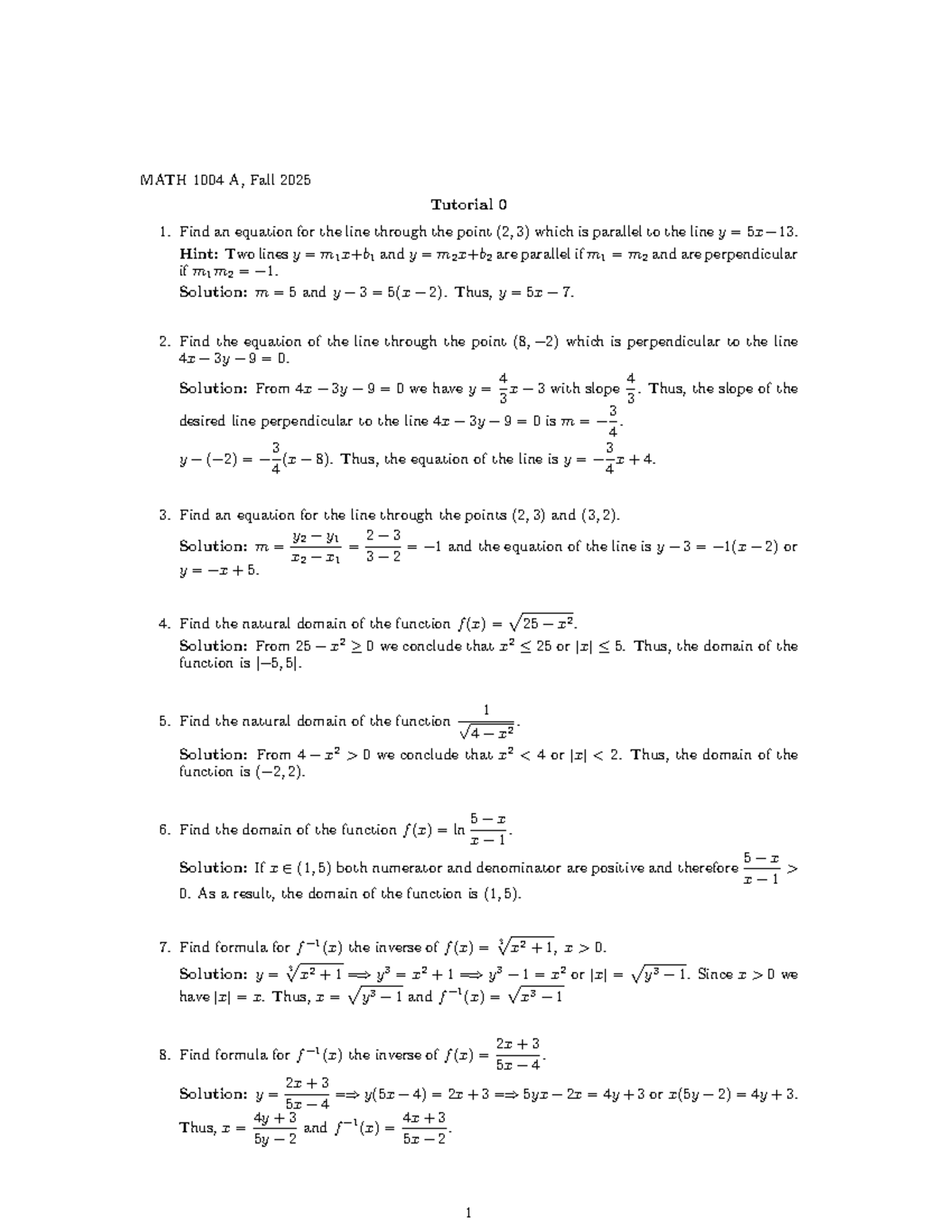MATH 1004 A - Fall 2025 Tutorial 0 Solutions and Equations - Studocu