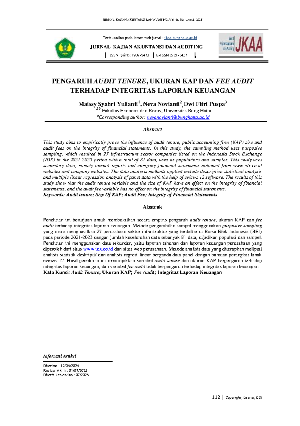 Pengaruh Audit Tenure, Ukuran KAP, dan Fee Audit terhadap Integritas ...