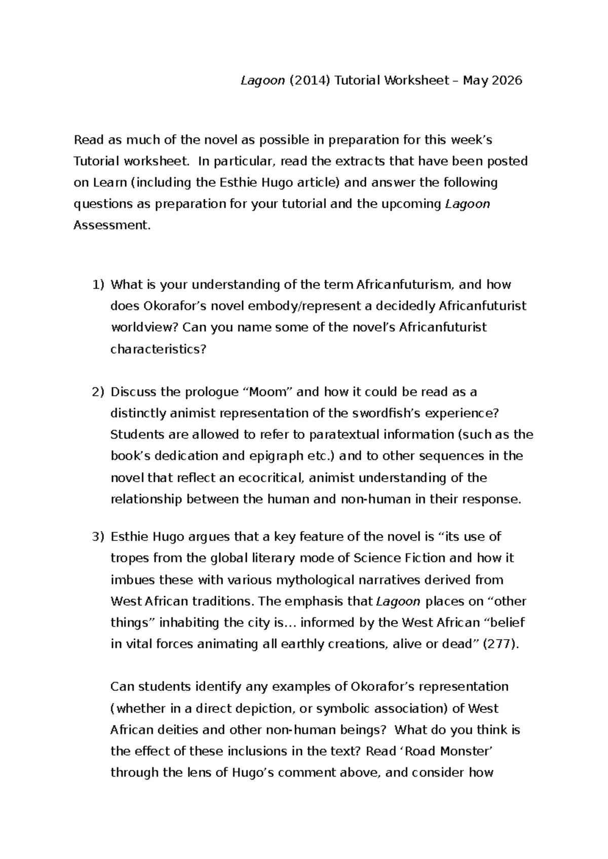 Lagoon (2014) Tutorial Worksheet - Practical Questions for May 2026 ...
