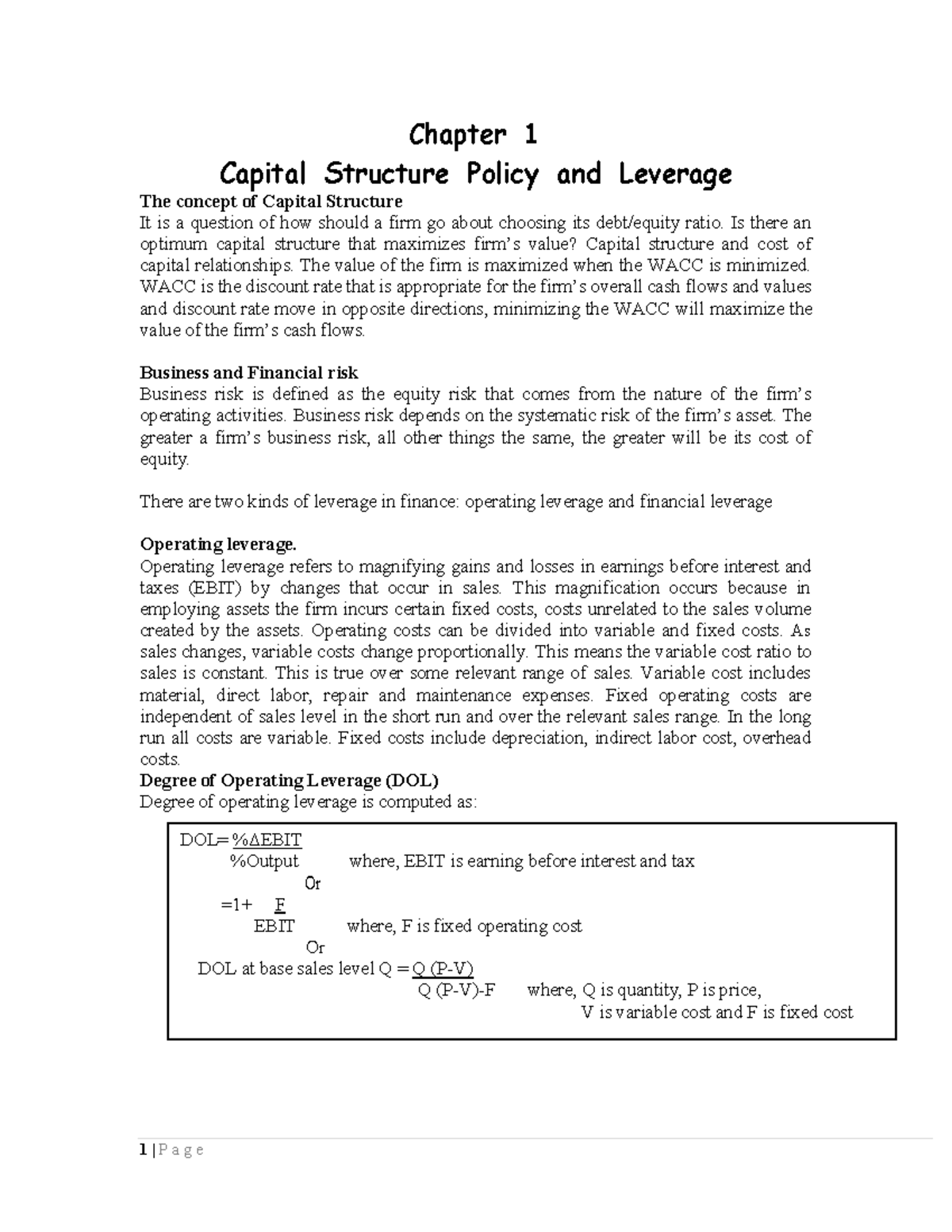 FM II CH 1 - Capital Structure Policy and Leverage Overview - Studocu
