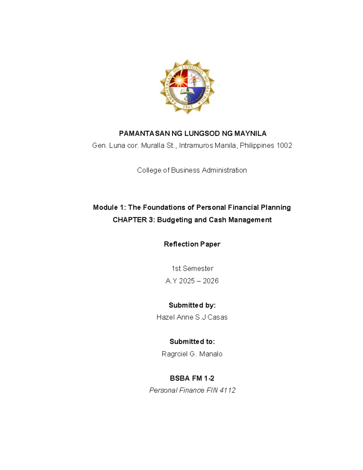 Personal Finance FIN 4112: Reflection on Budgeting & Cash Management ...