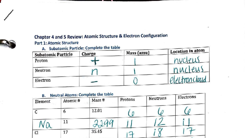 Chapter 4 & 5 Review Answers: Atomic Structure & Electron ...