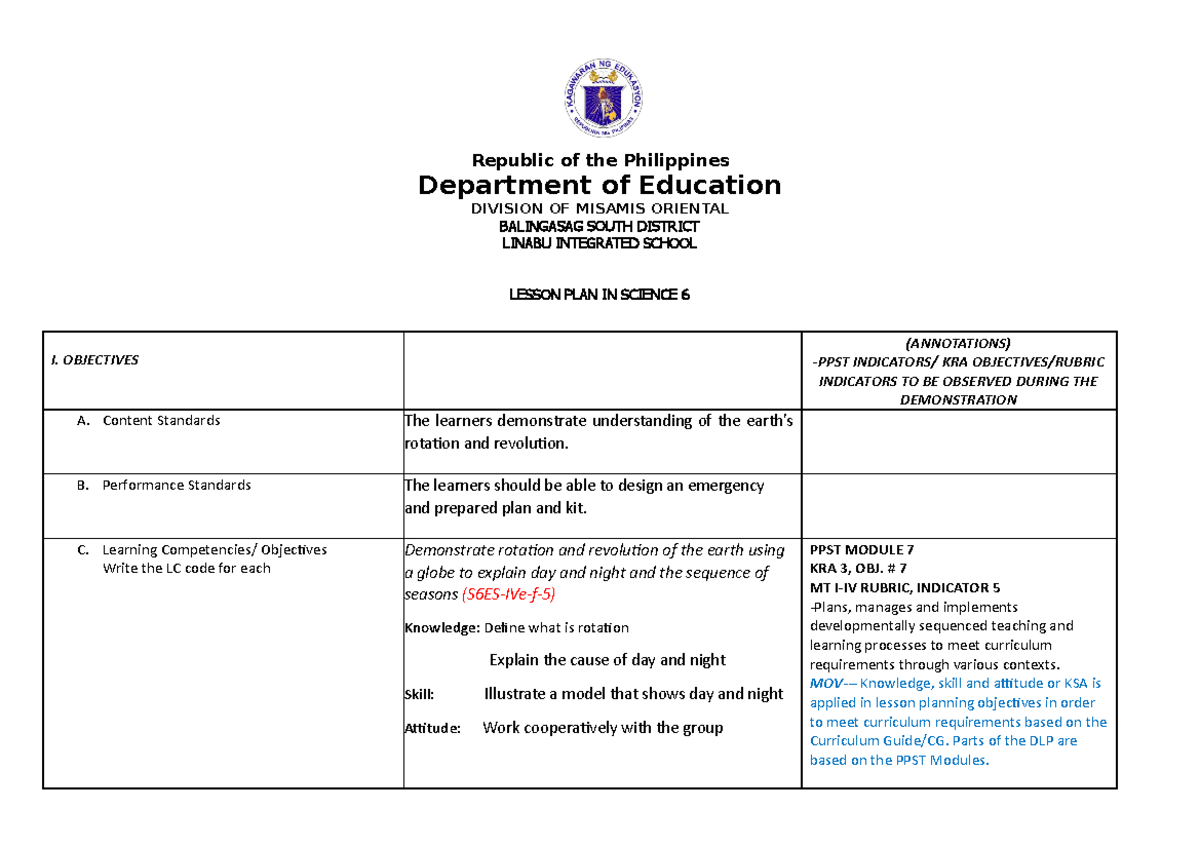 COT DLP Science 6 Earth'S Rotation BY Master Teacher EVA M. Corvera - Republic of the ...