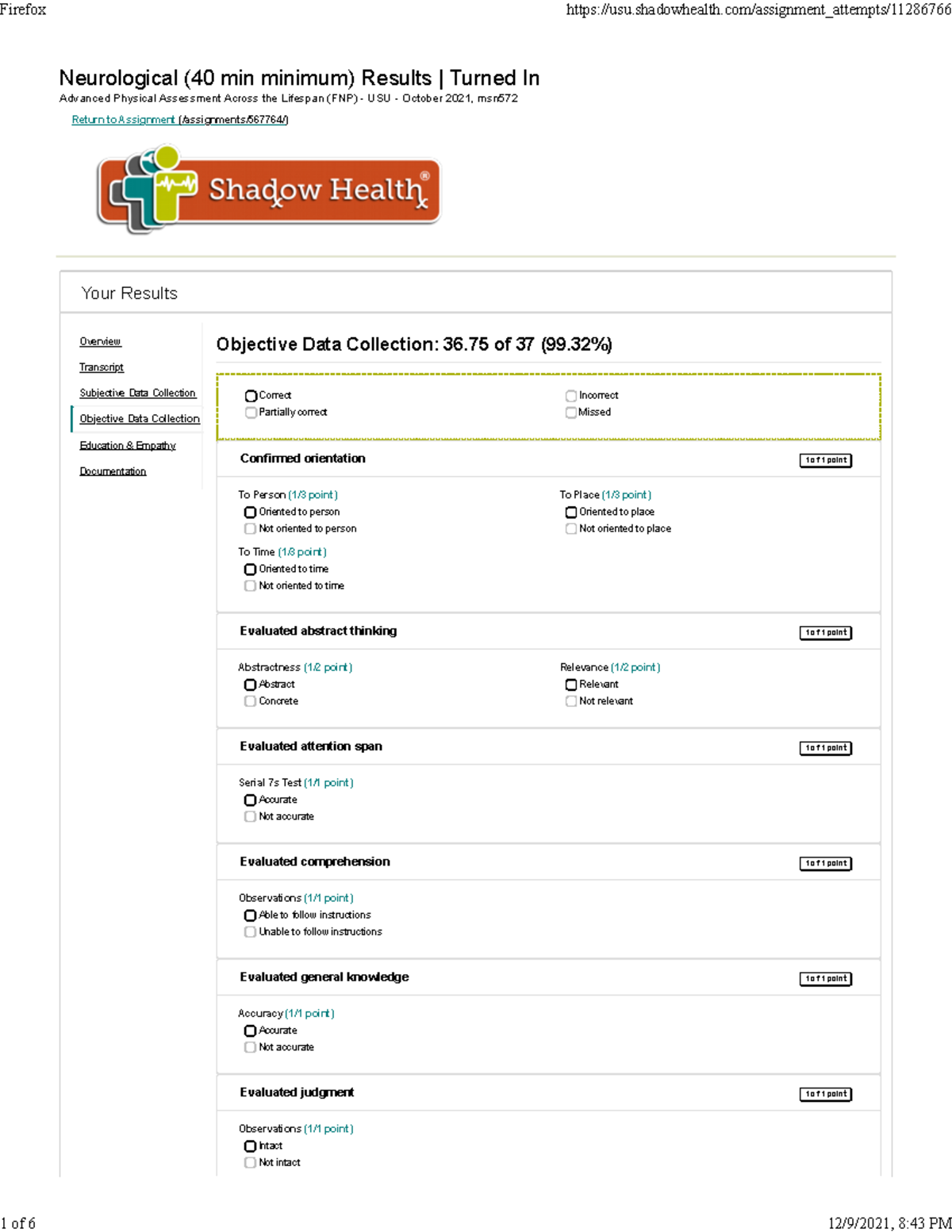 Neurological Shadow Health Objective Assessment - Tina Jones (FNP ...