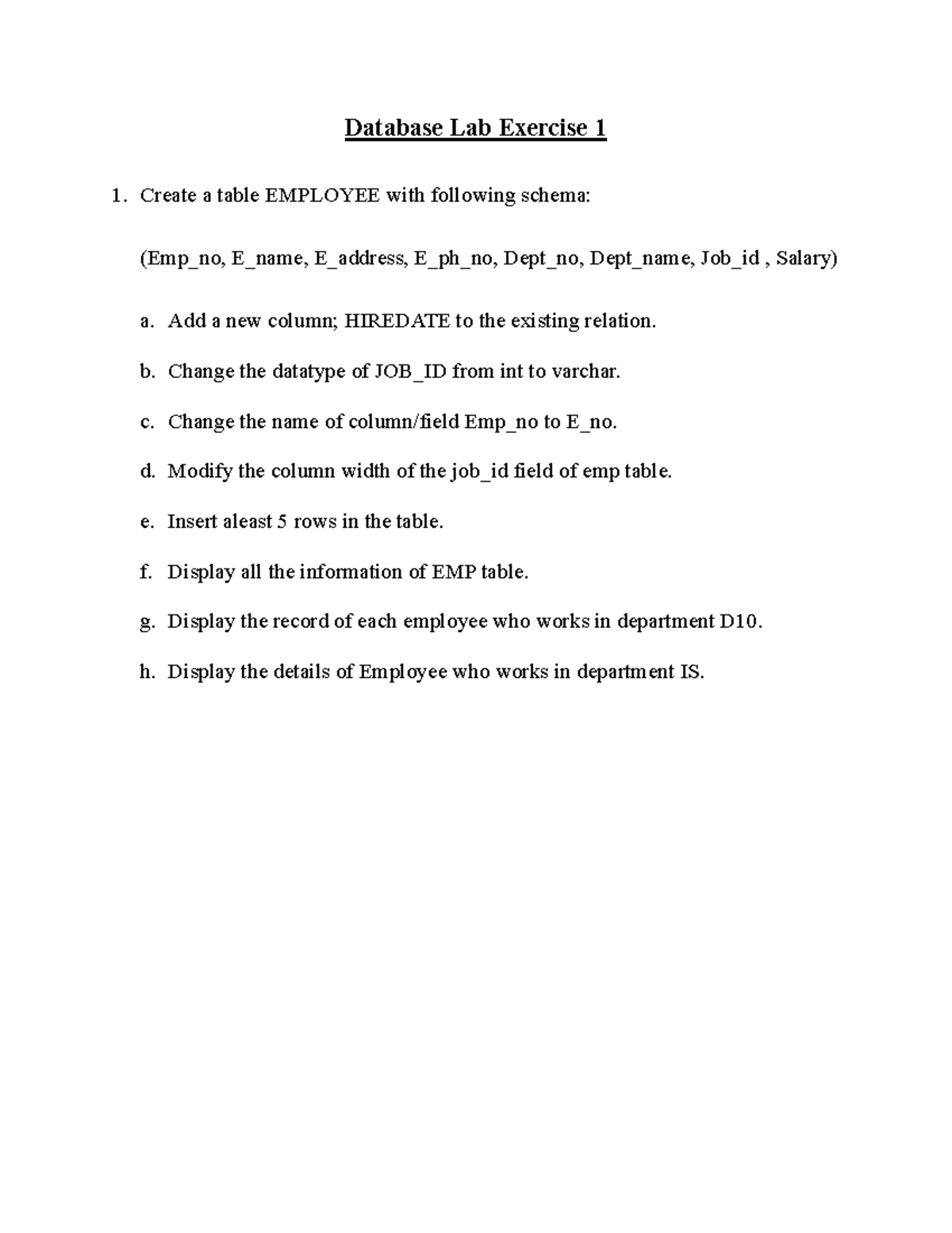 Database Lab Exercises: SQL Table Creation and Queries - Studocu