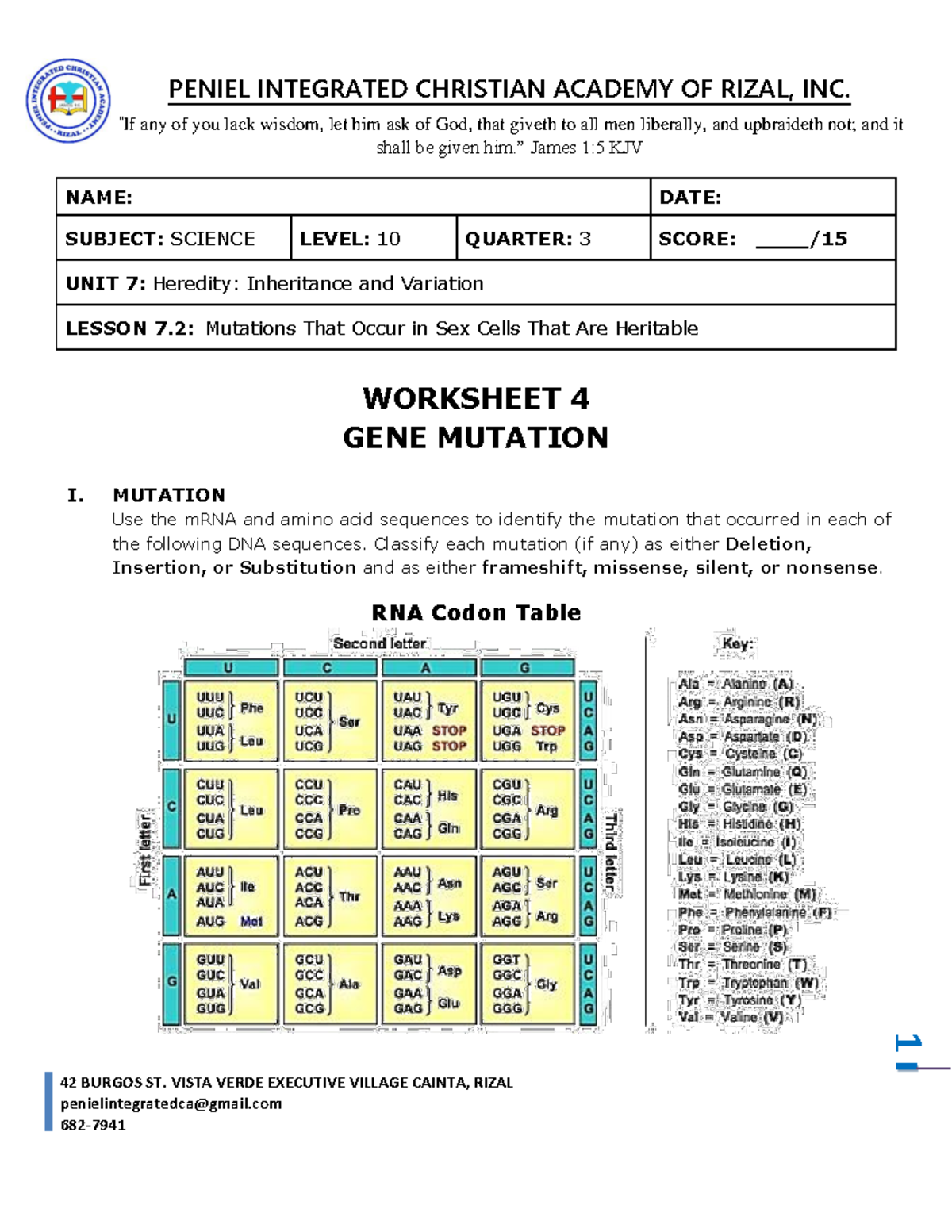 WS4Science 10.Unit7.Lesson 7.2 GENE Mutation - “If any of you lack ...