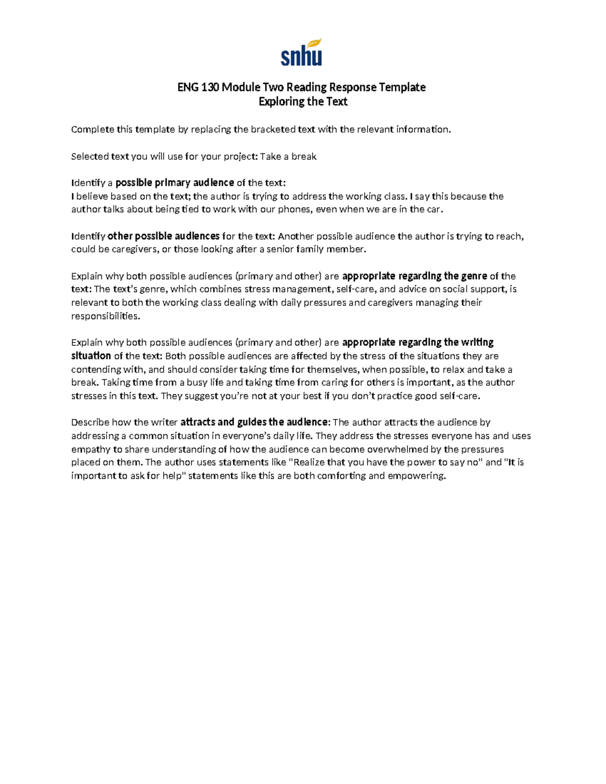 ENG 130 Module Two Reading Response & Audience Analysis Template - Studocu