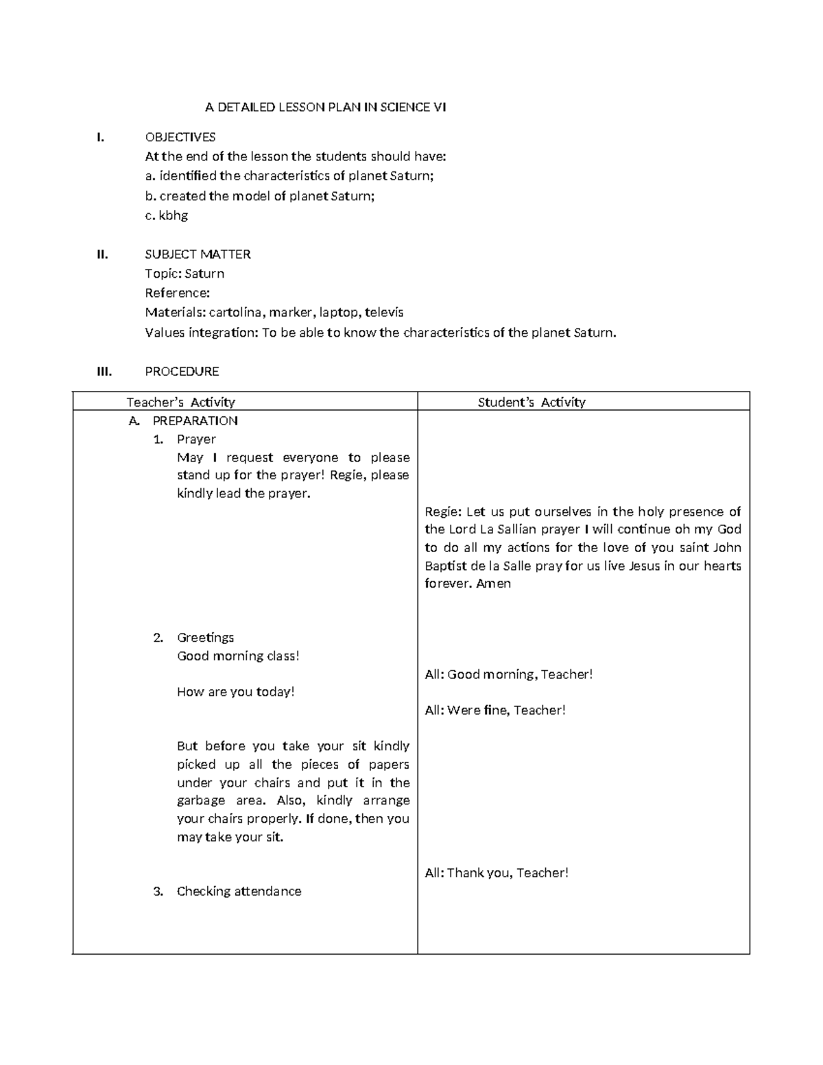 Detailed Lesson Plan: Science VI - Exploring Planet Saturn - Studocu