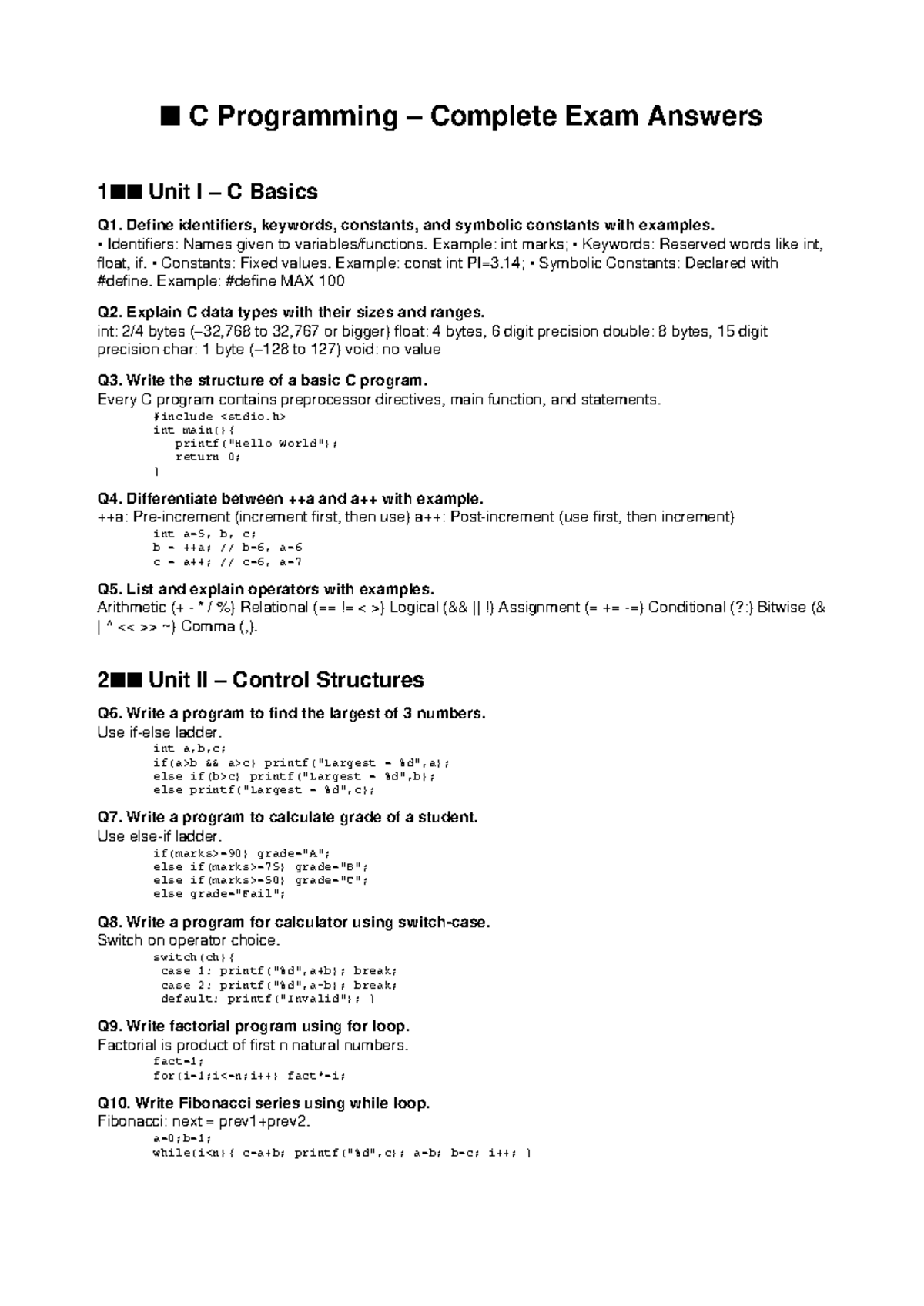 C Programming Exam Answers Unit I & II: Key Concepts & Examples - Studocu