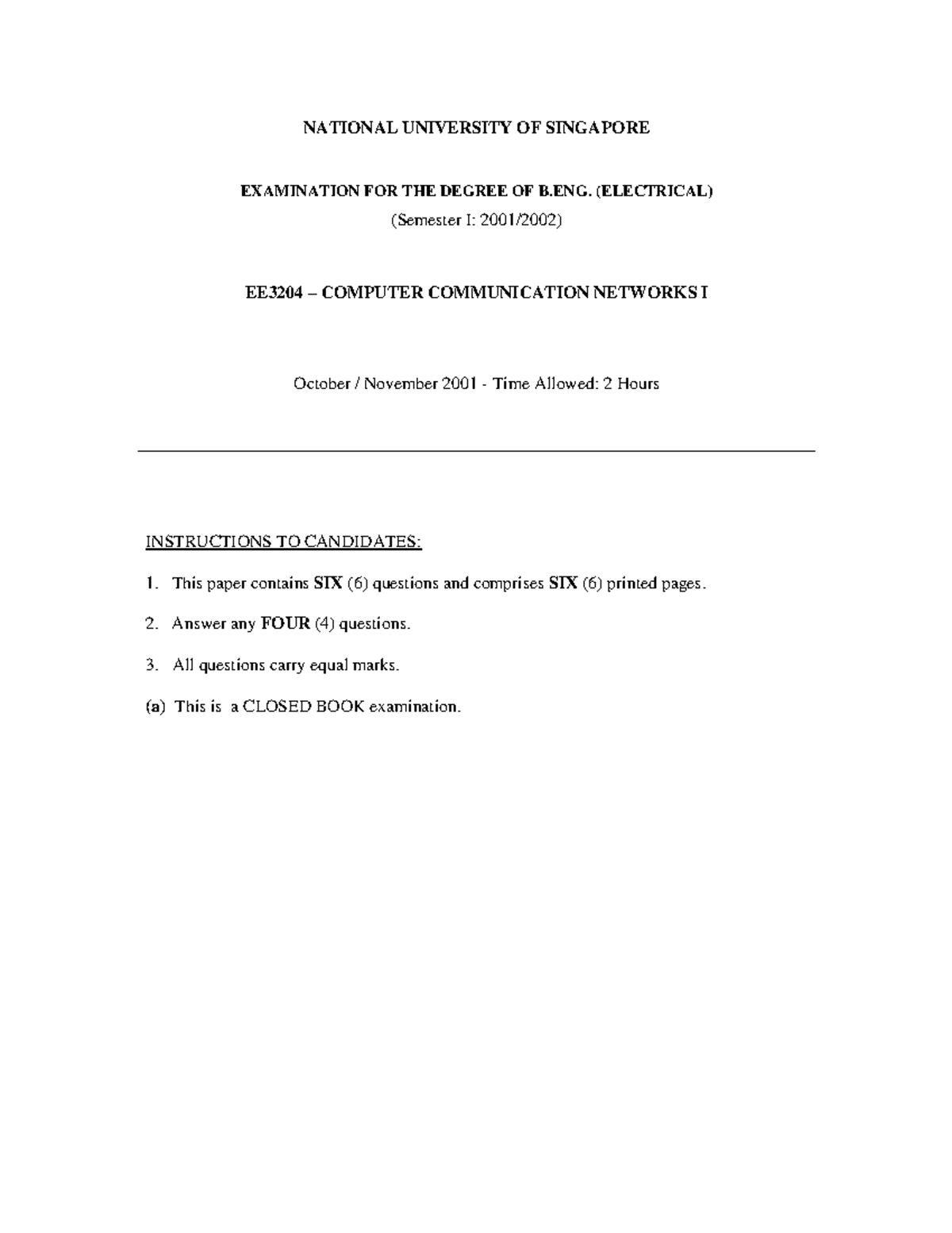 EE3204 - Computer Communication Networks I Past Exam Paper (2001) - Studocu