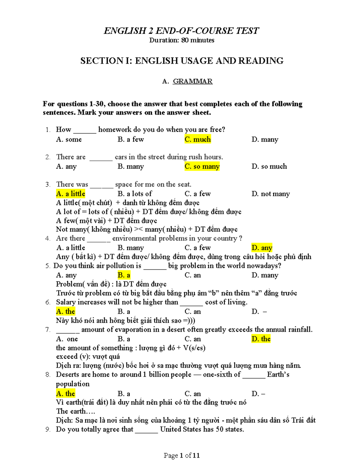 ENGLISH 2 TEST: Grammar and Reading Comprehension Practice - Studocu