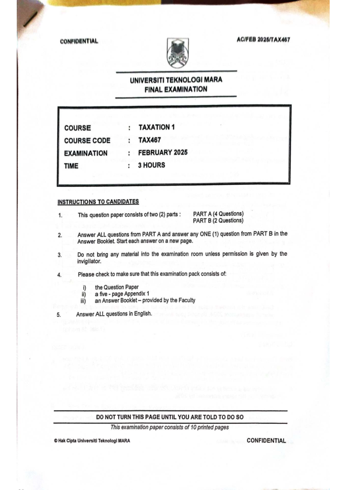 TAX467 FEB 2025 - Final Examination Questions and Guidelines - Studocu