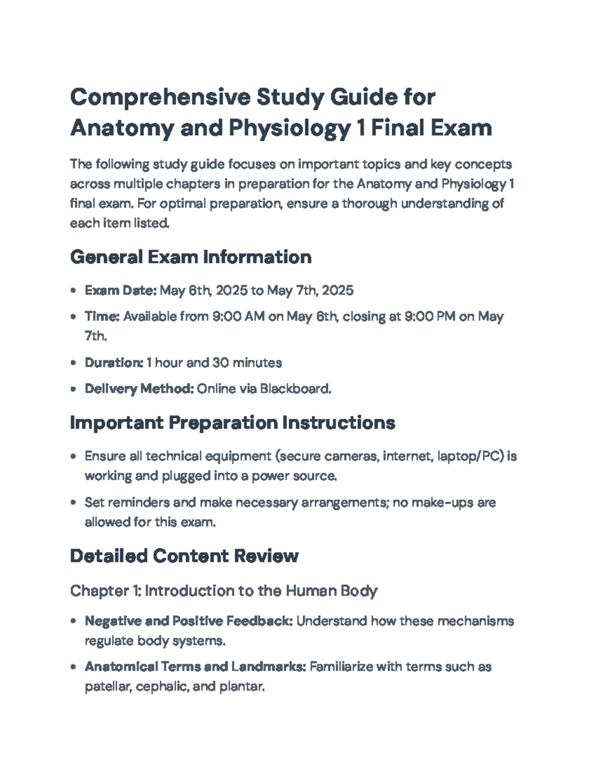 Anatomy & Physiology 1 Final Exam Study Guide (May 2025) - Studocu