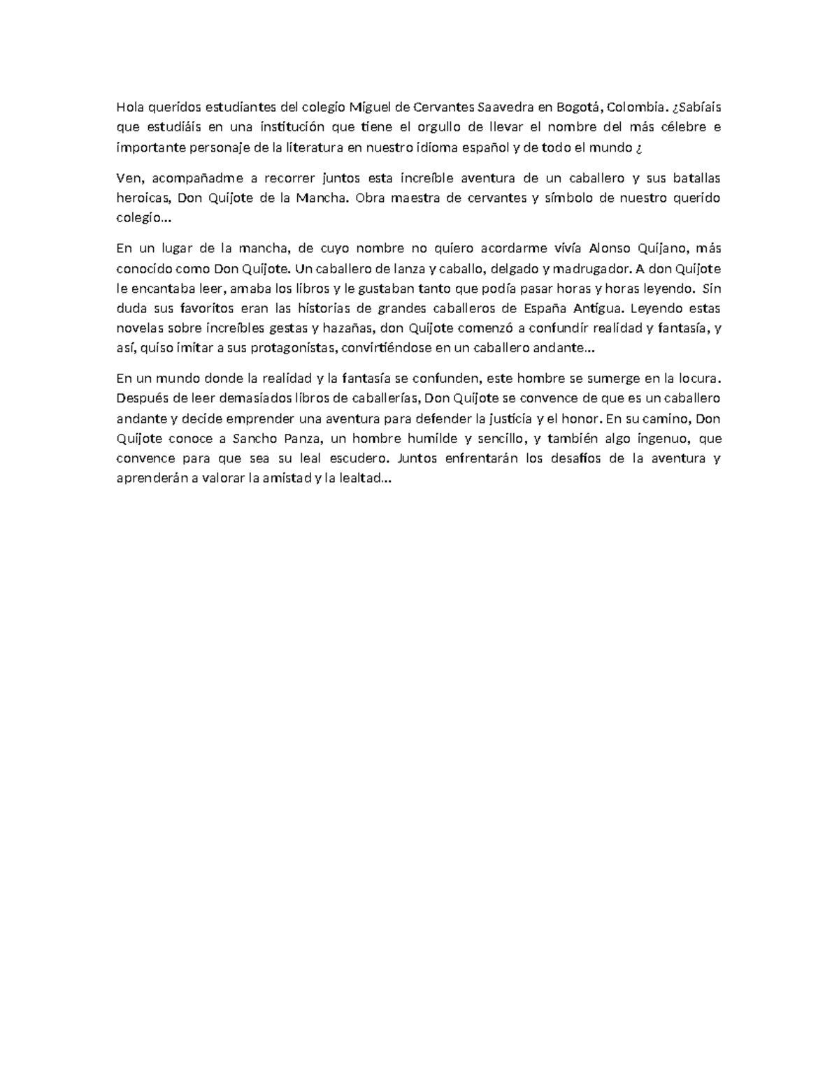 Guion - Unidad de Comprensión sobre Don Quijote de la Mancha - Studocu