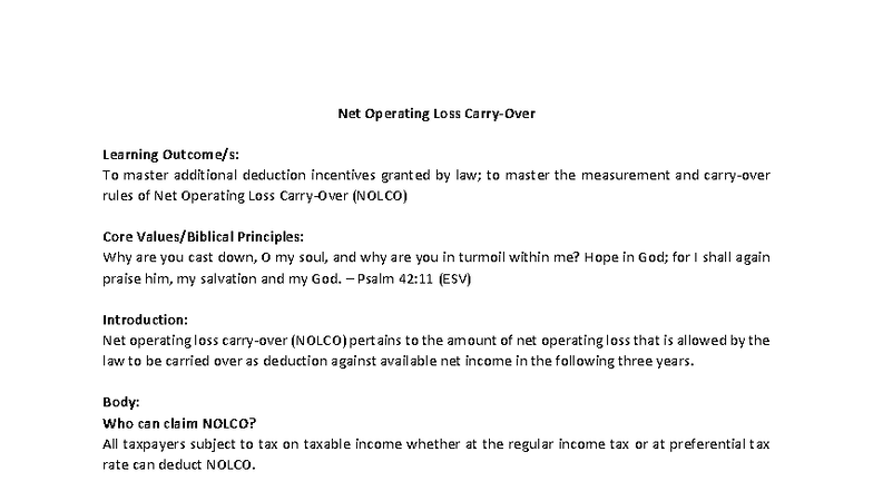 Module 3: Understanding Net Operating Loss Carry Over (NOLCO) - Studocu