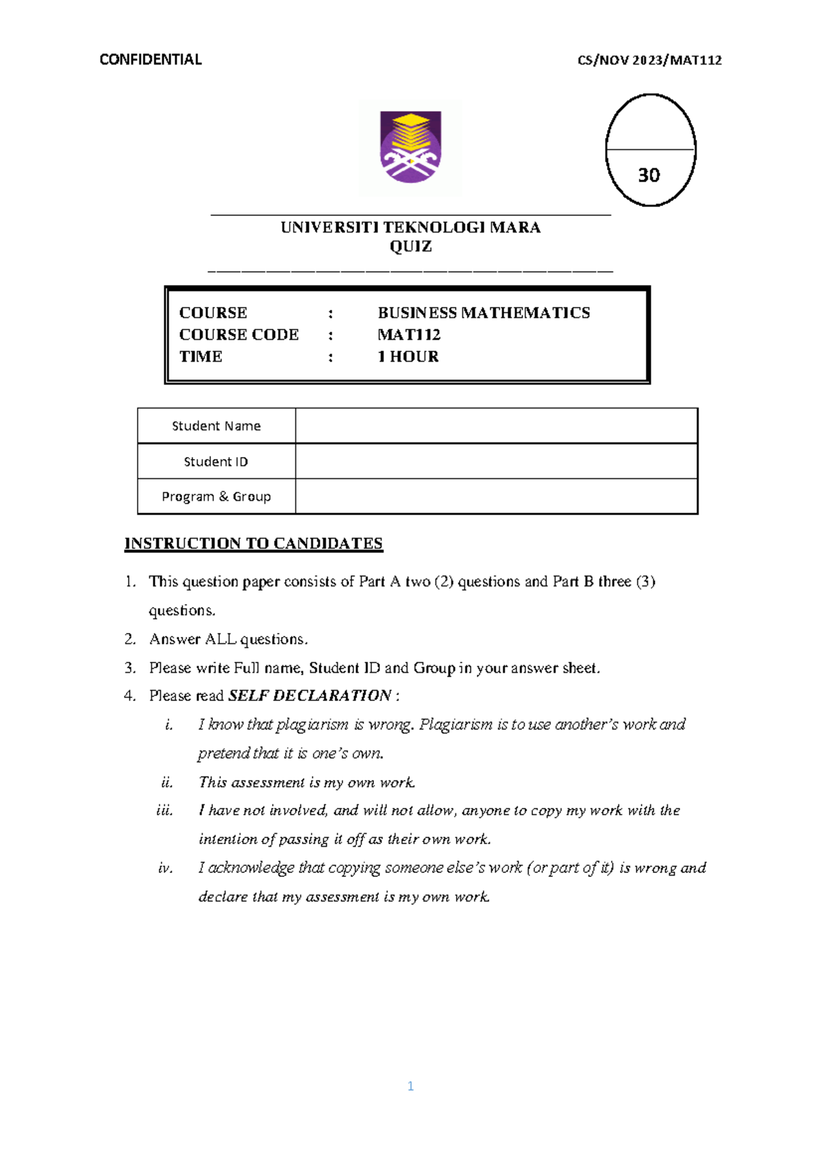 Quiz MAT112 - math quiz - CONFIDENTIAL CS/NOV 2023 /MAT 112 1 - Studocu