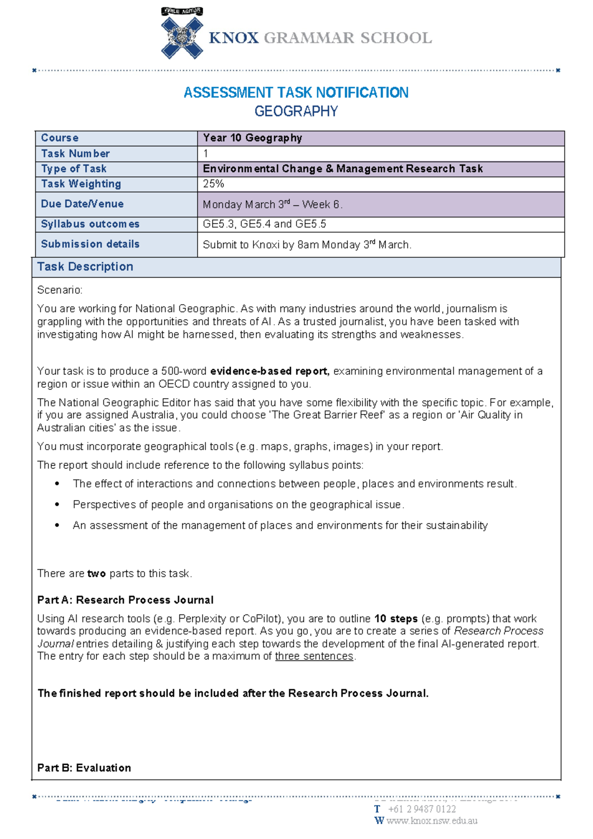 2025 AT1 Notification: Year 10 Geography Environmental Change Task ...
