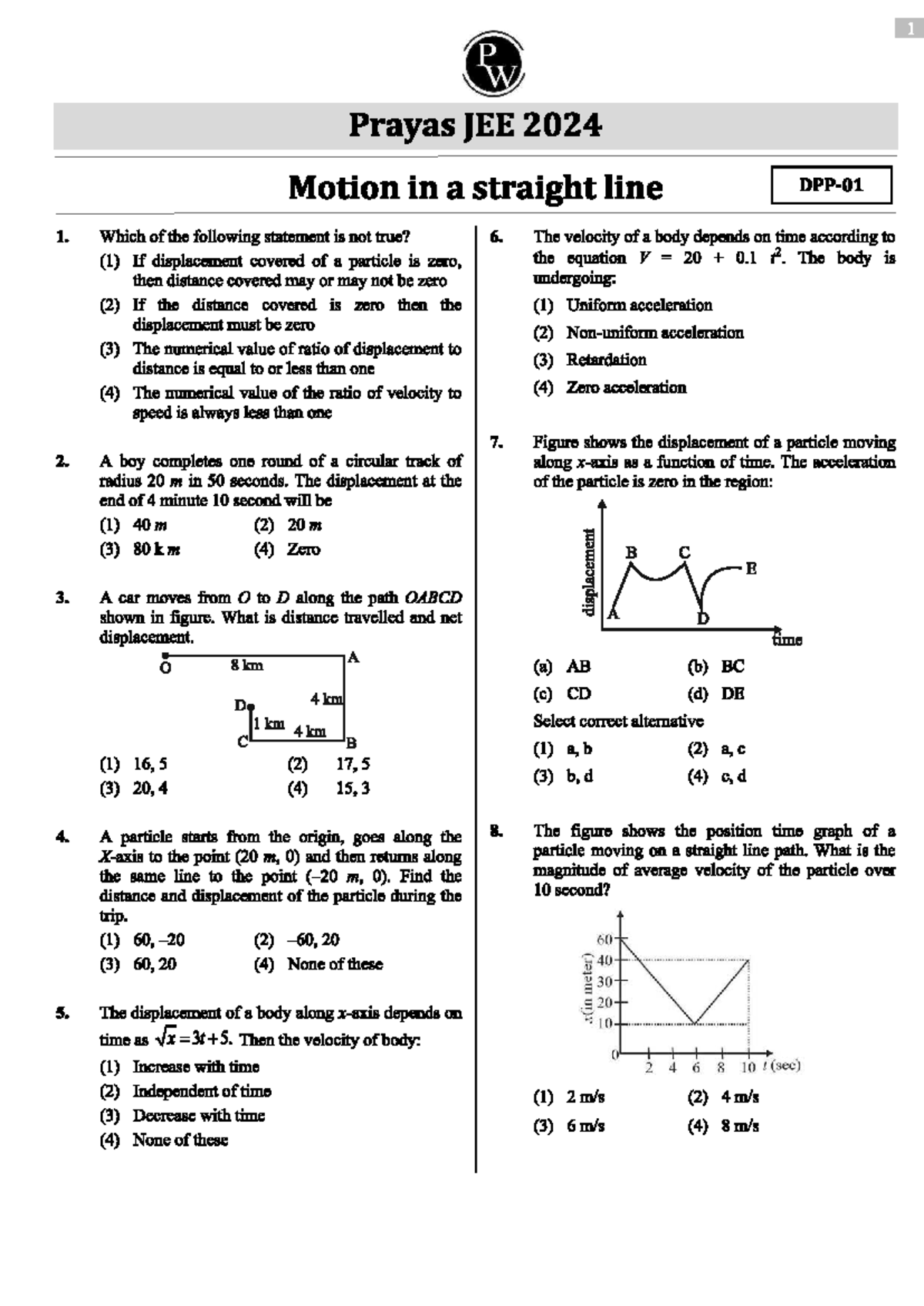 Kinematics DPP 01 (Lec 06) JEE 2024: Motion in a Straight Line - Studocu