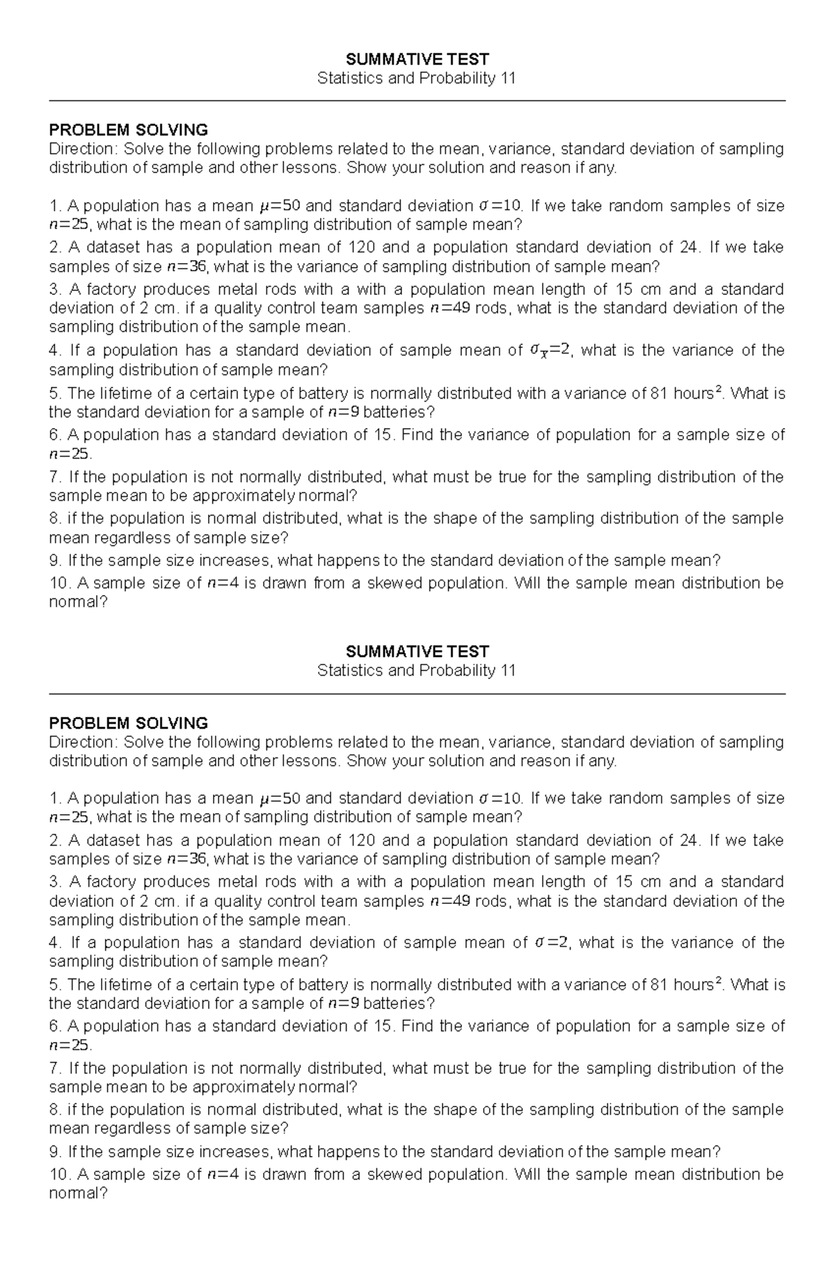 Summative Test: Statistics and Probability 11 - Sampling Distribution ...