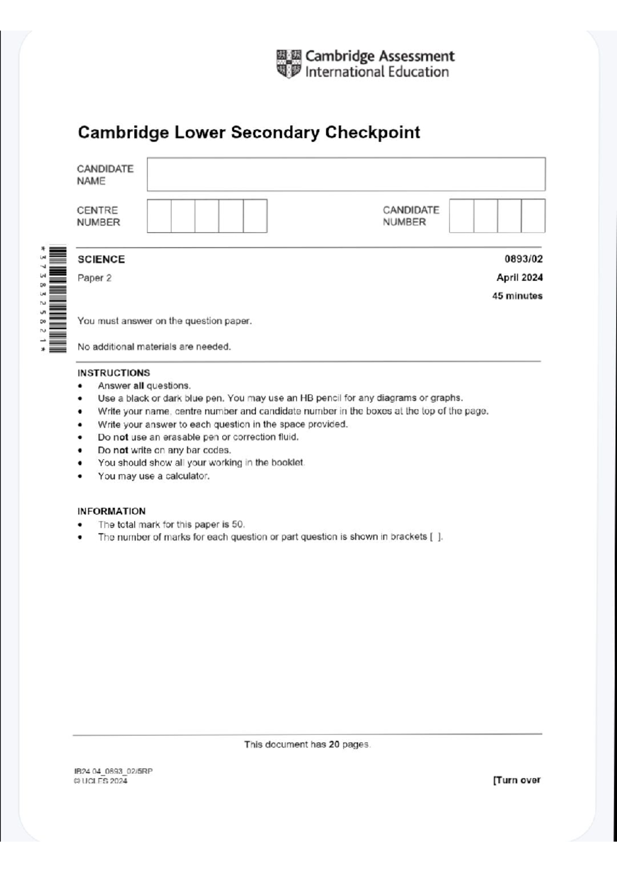Cambridge Lower Secondary Science P2 Exam Paper - April 2024 - Studocu