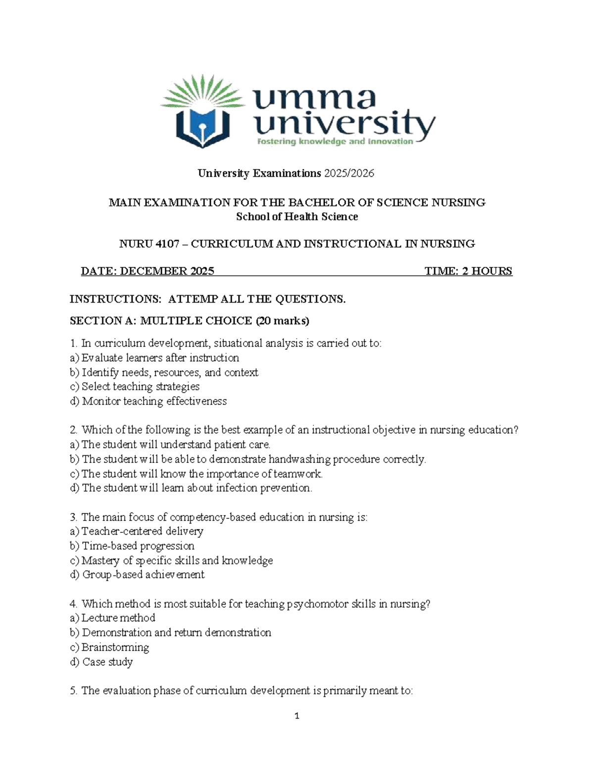 NURU 4107 Final Exam: Curriculum and Instructional Design in Nursing ...