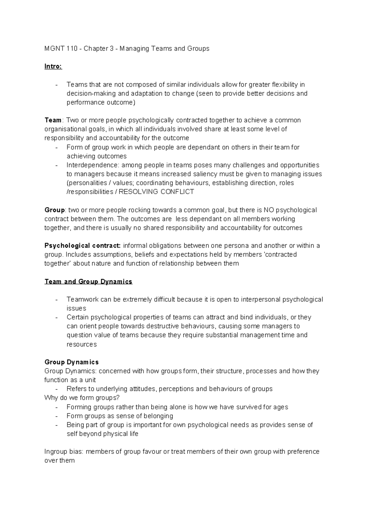 MGNT 110 - Chapter 3: Dynamics of Managing Teams and Groups - Studocu