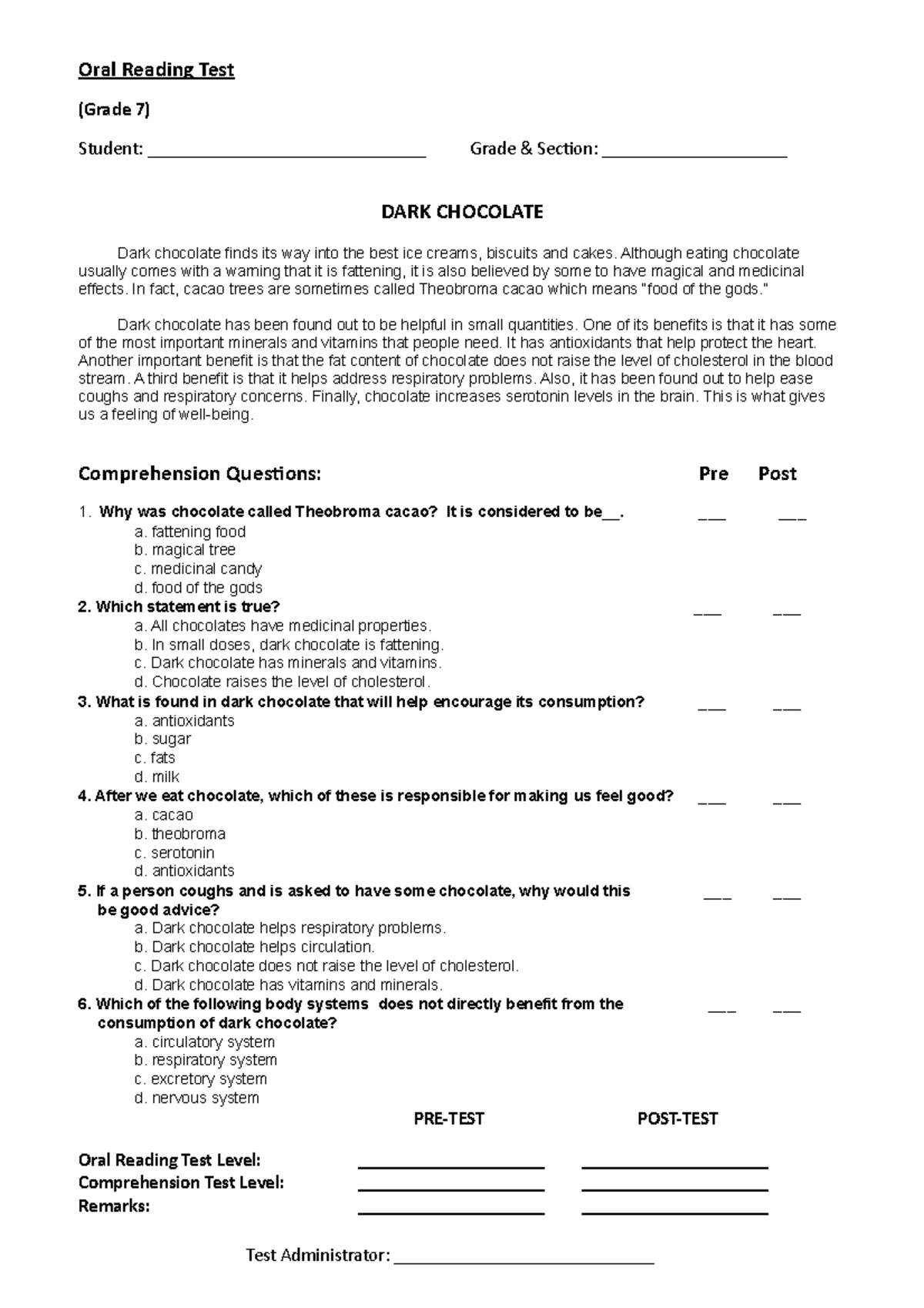 G7 Oral Reading Test: Benefits of Dark Chocolate Essay Notes - Studocu