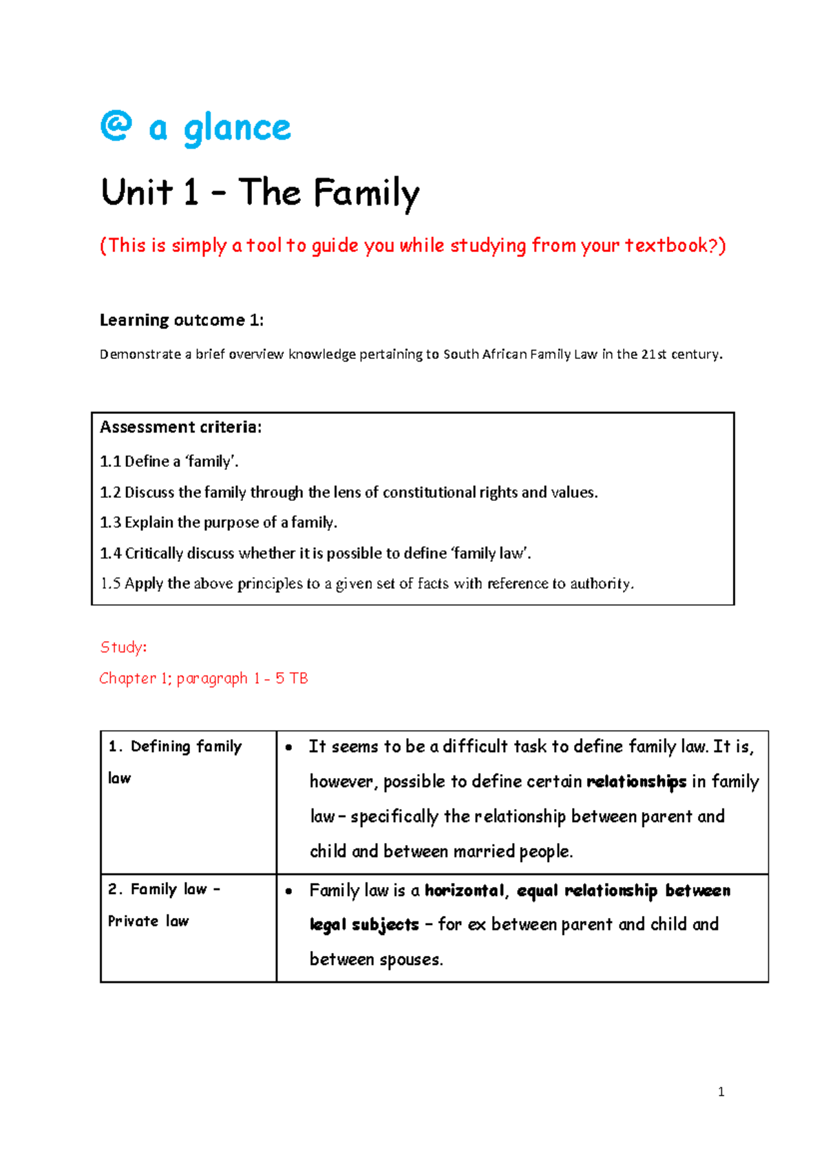 Family Law - Unit 1 - 1 @ a glance Unit 1 – The Family (This is simply ...