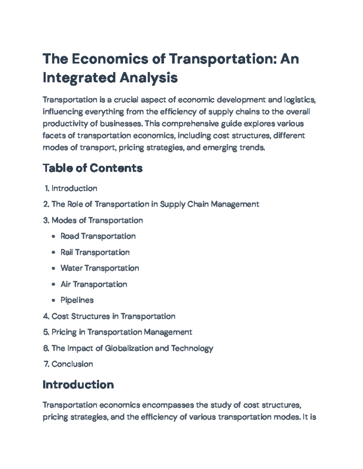 Transportation Economics: Cost Structures, Pricing, and Trends Analysis ...