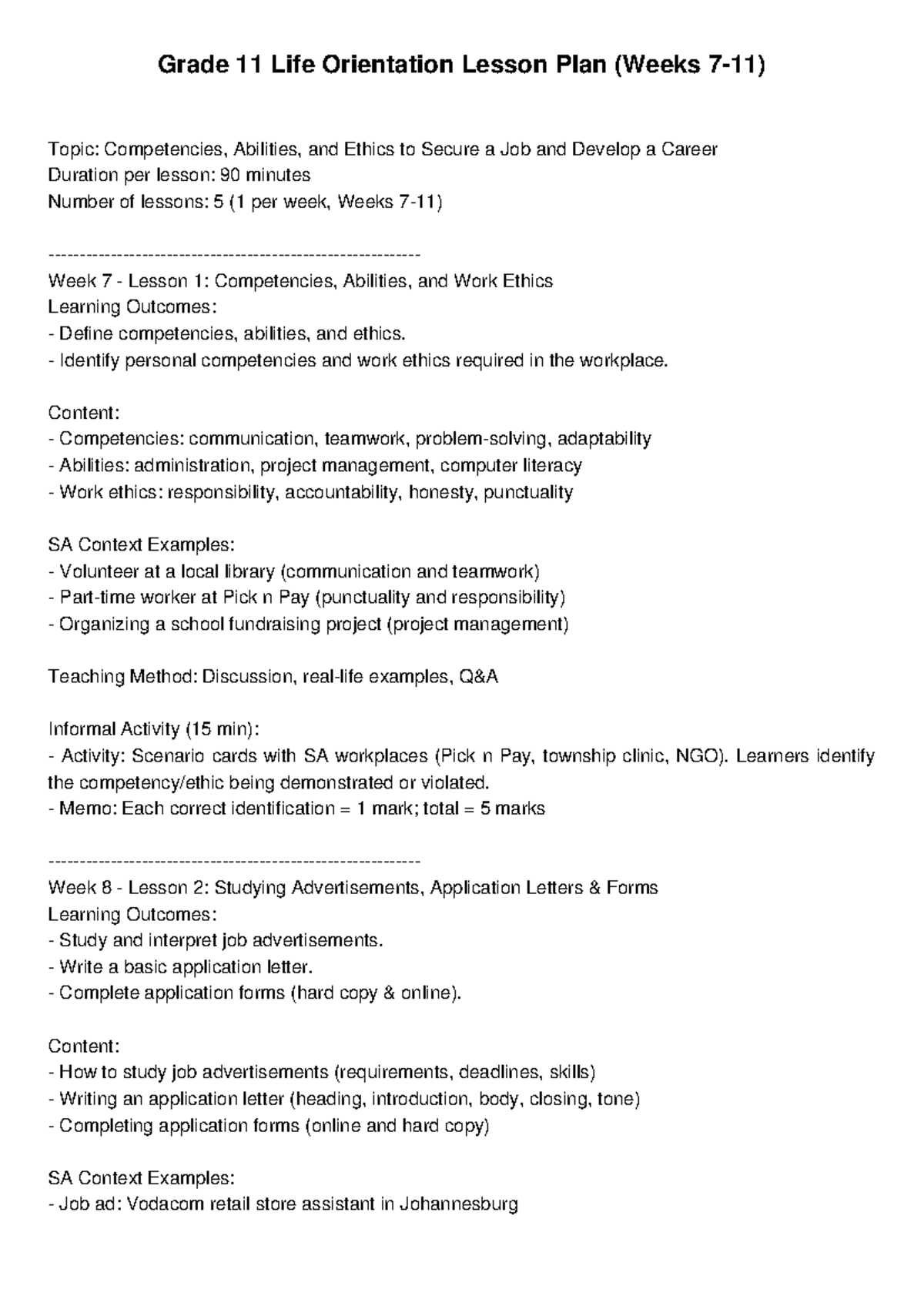 Grade 11 LO Lesson Plan: Competencies & Career Skills (Weeks 7-11 ...