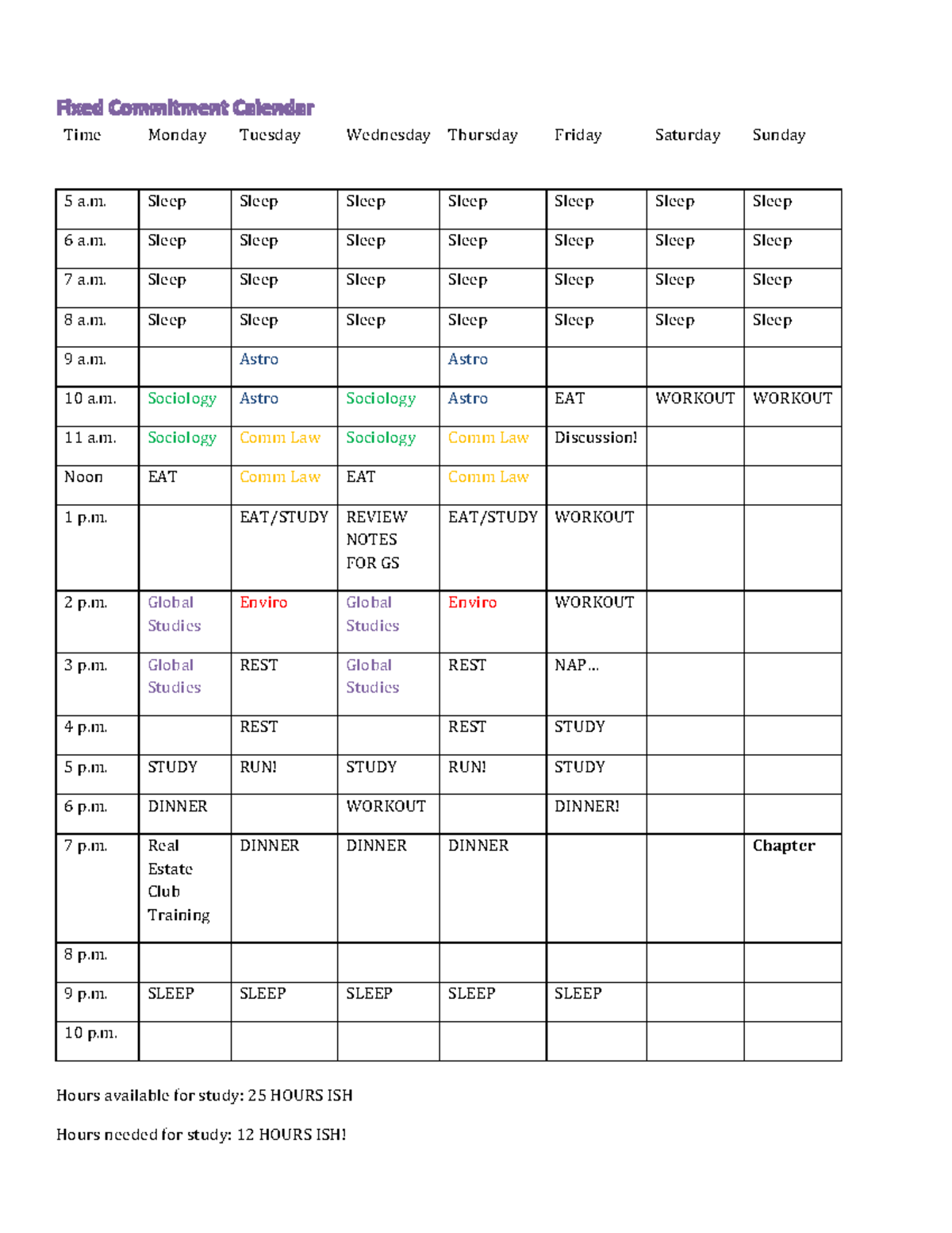 Fixed Commitment Calendar for Time Management - Studocu