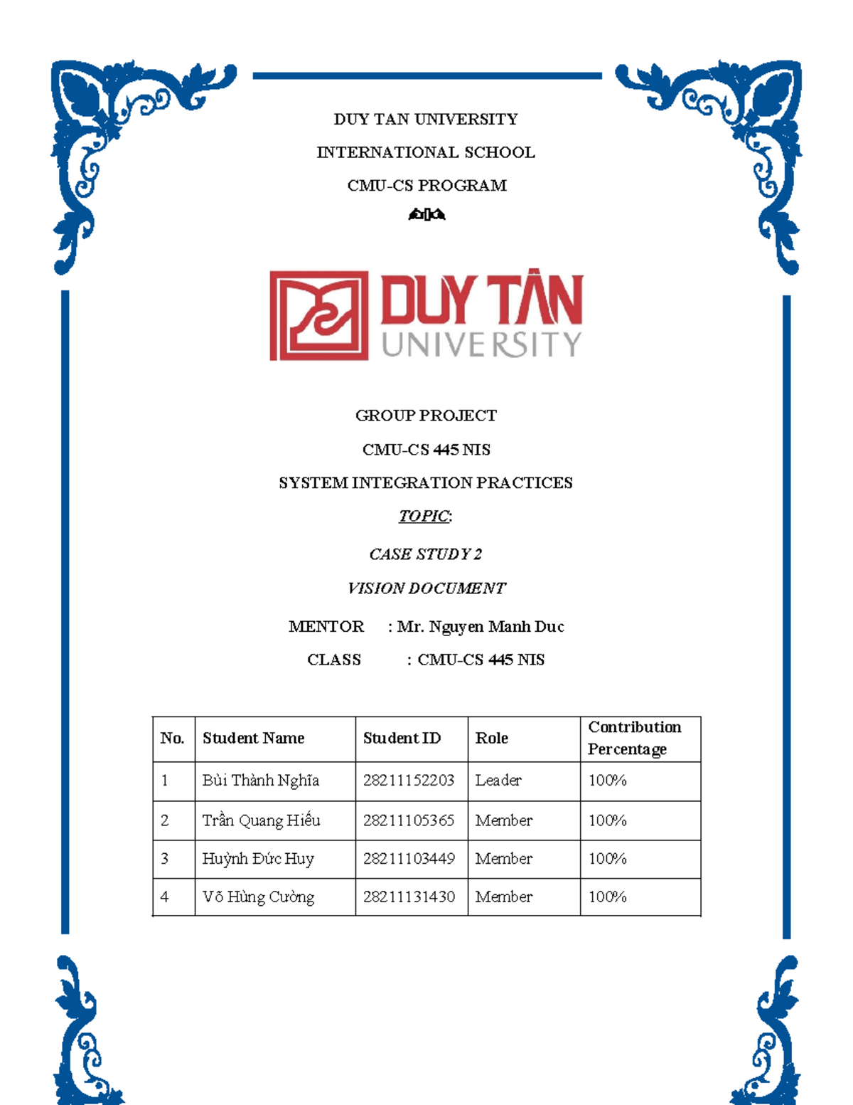 DUY TAN UNIVERSITY 445 NIS CASE STUDY 2 VISION DOCUMENT GROUP PROJECT ...