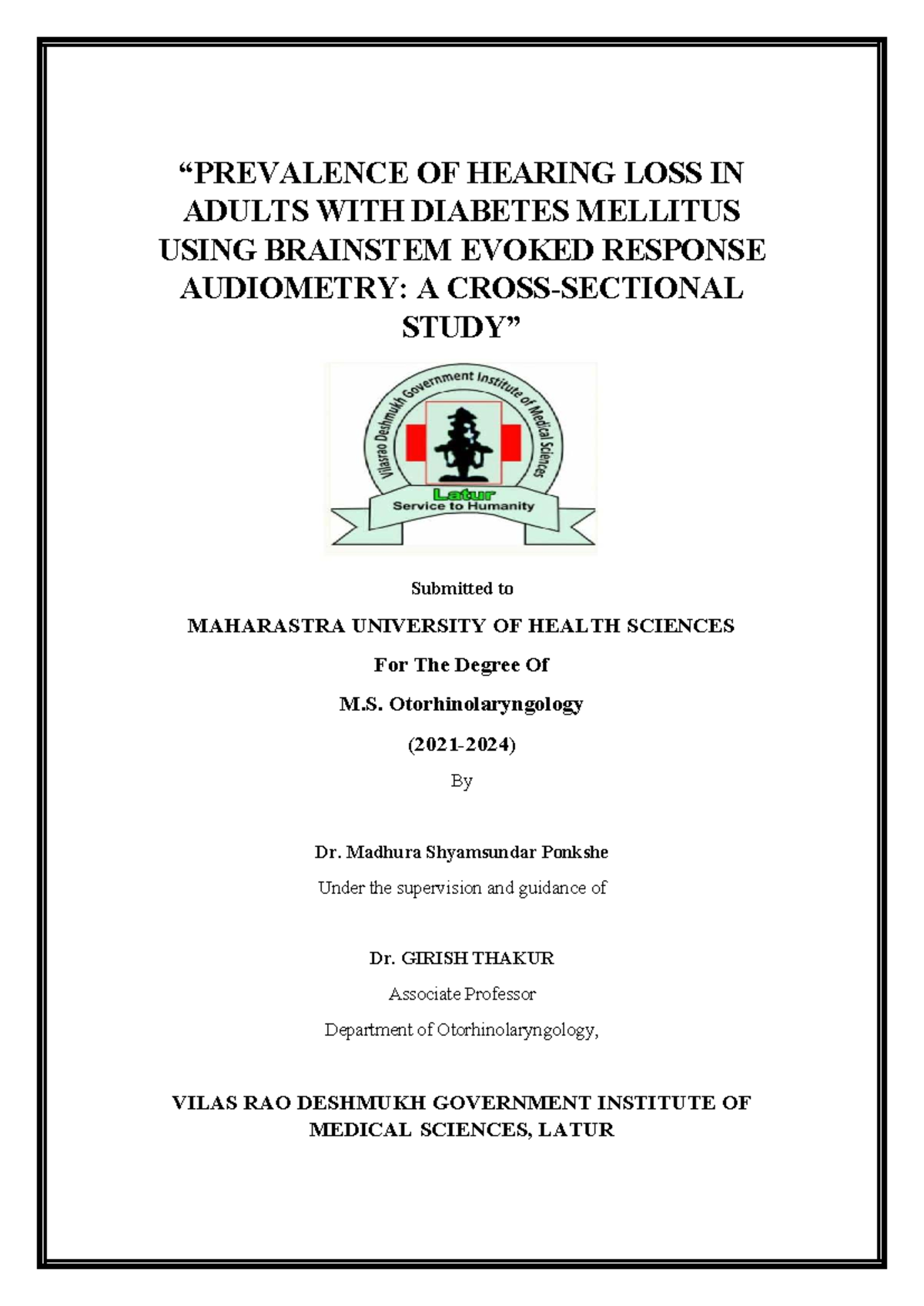 Hearing Loss in Adults with Diabetes Mellitus: BERA Study for M.S ...