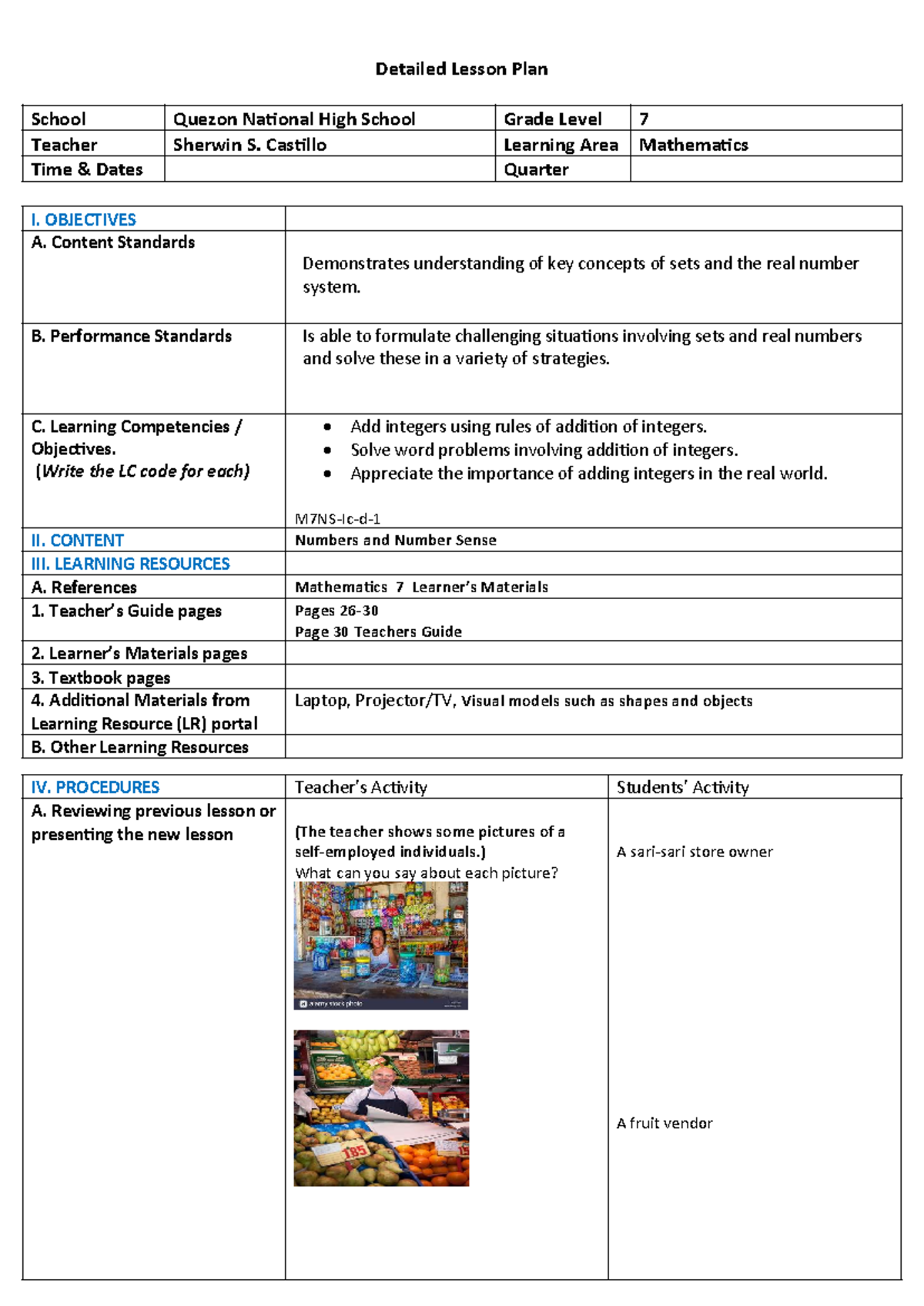 Detailed Lesson Plan for Mathematics 7: Adding Integers - Studocu