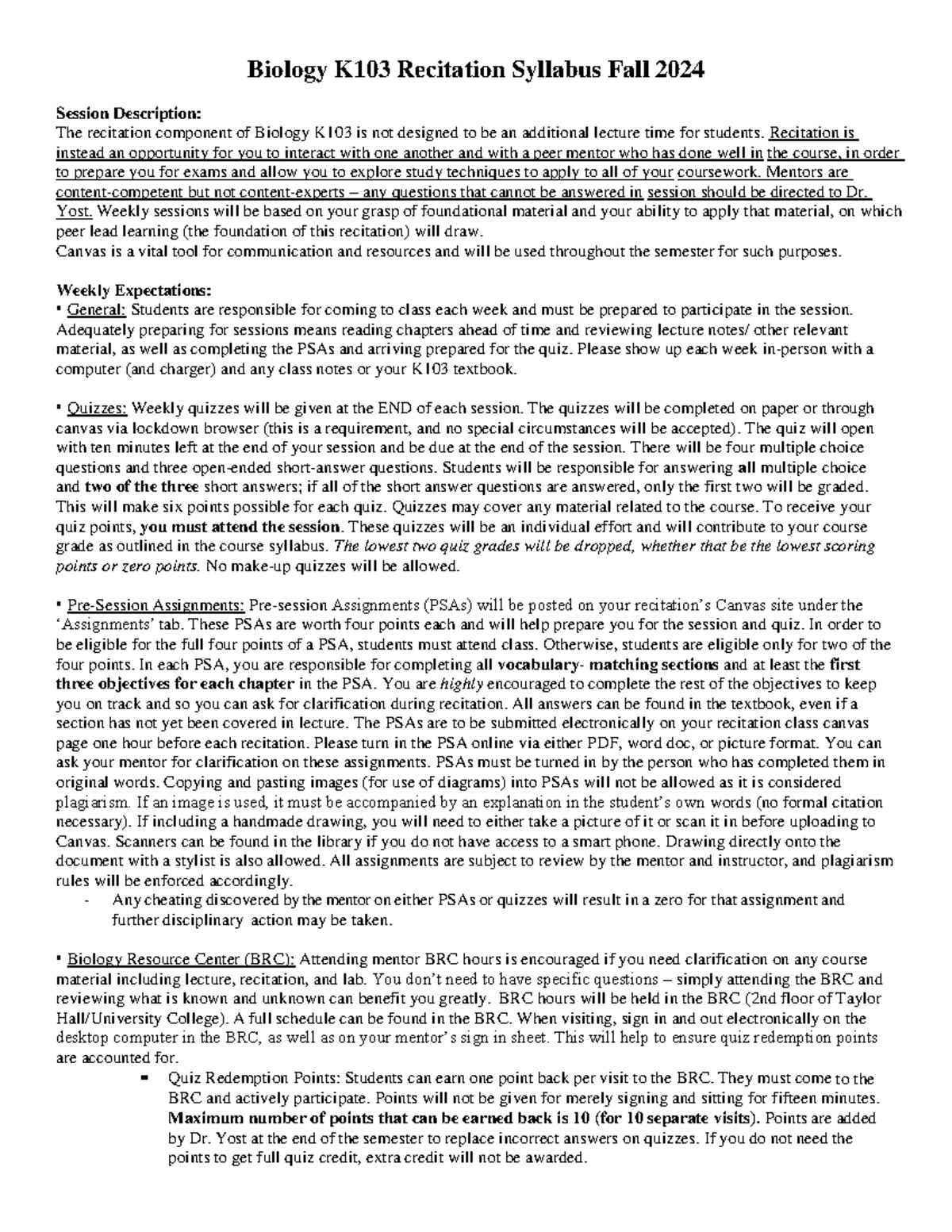 Biology K103 Recitation Syllabus - Fall 2024 Overview and Guidelines ...