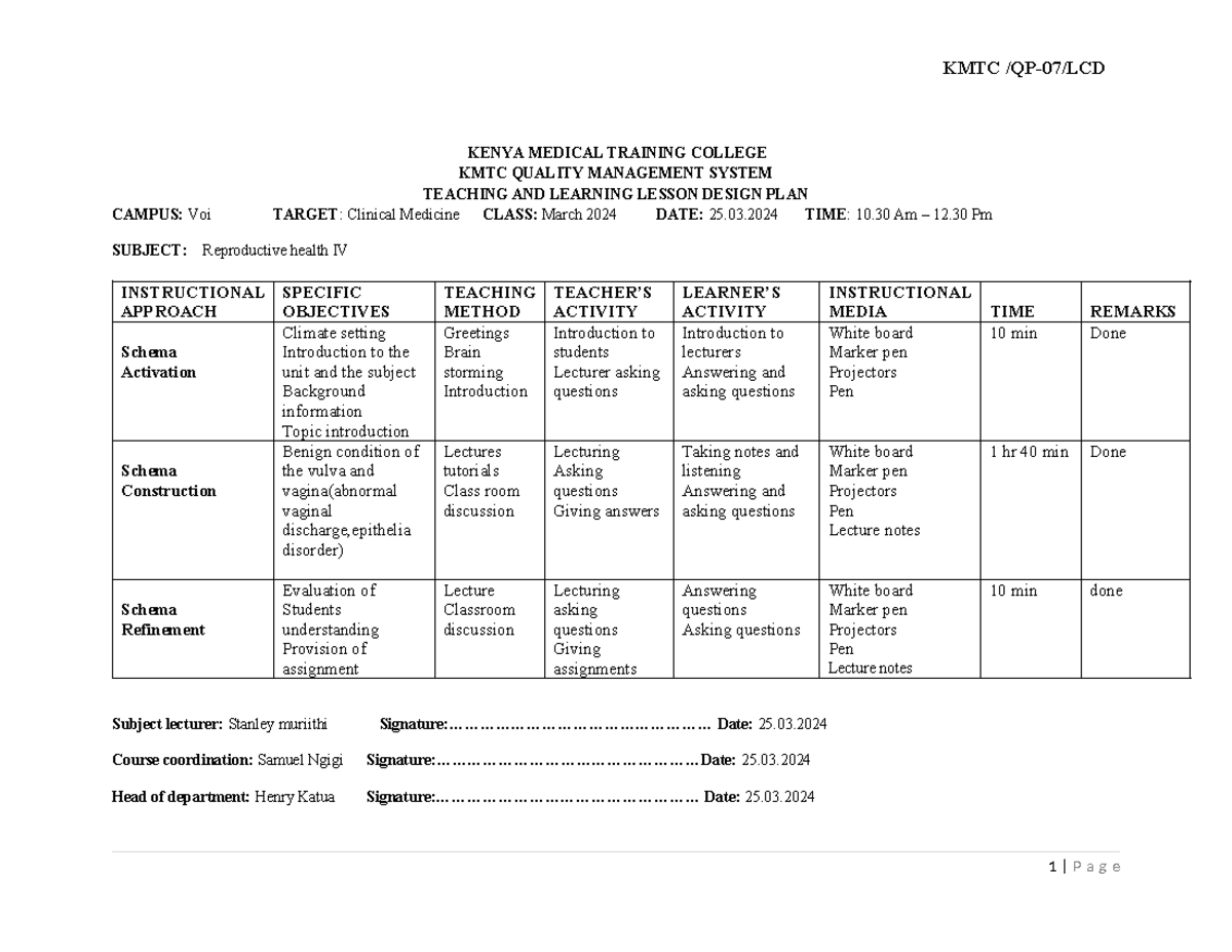 KMTC Voi: Clinical Medicine Reproductive Health IV Lesson Plan (March ...