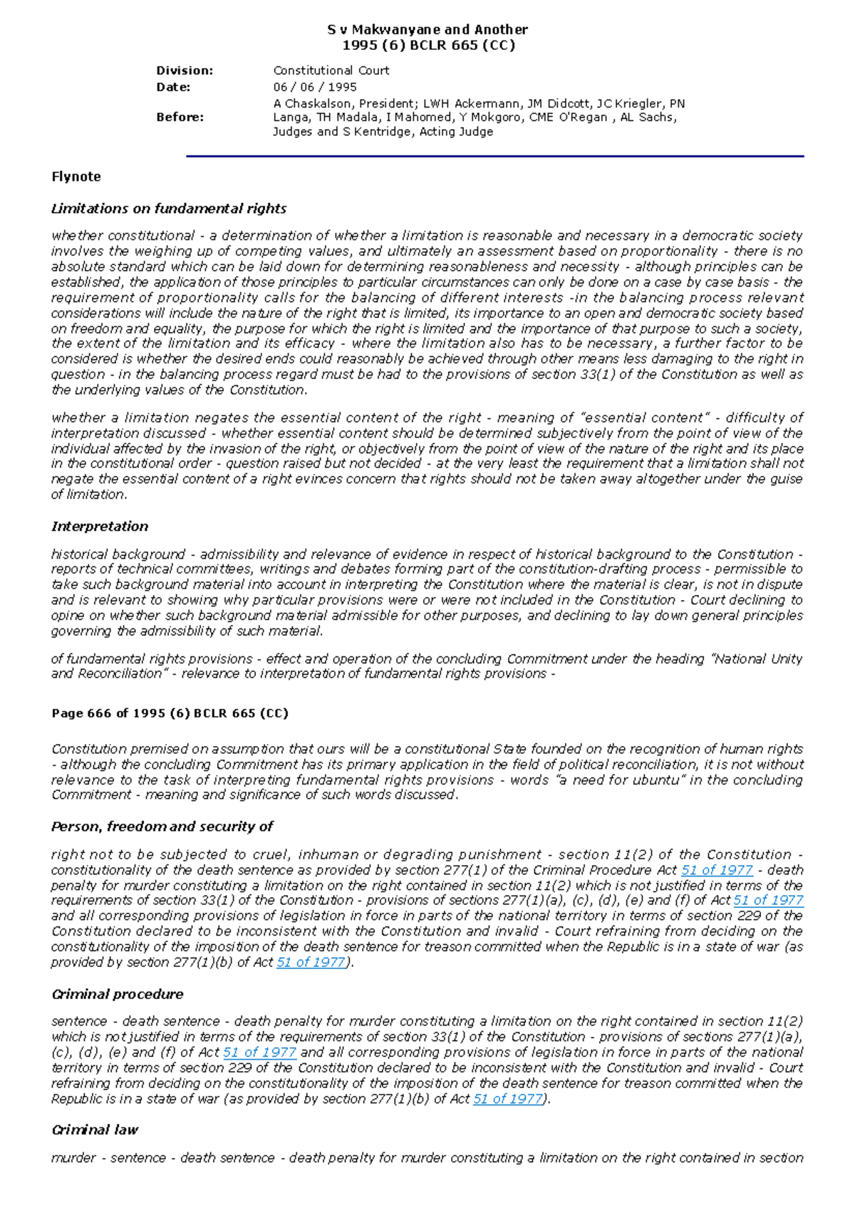 S v Makwanyane (1995) - Death Penalty & Fundamental Rights Analysis ...
