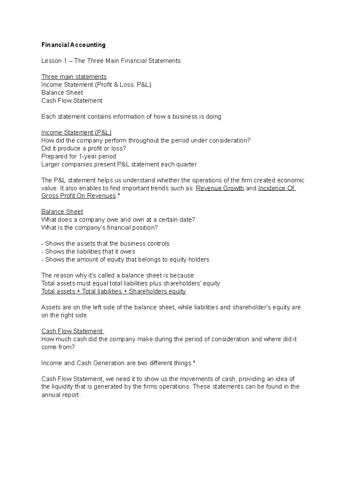 Financial Accounting 101: Key Notes on Financial Statements - Studeersnel