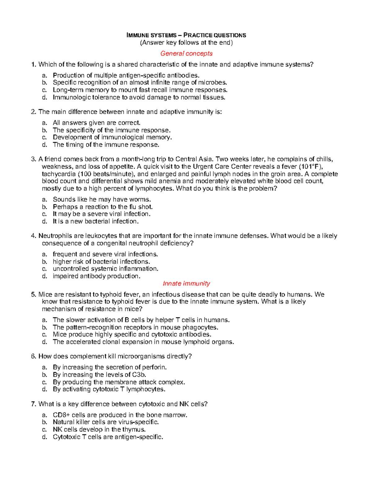 IMMUNE SYSTEMS PRACTICE QUESTIONS (Answer Key Included) - Studocu