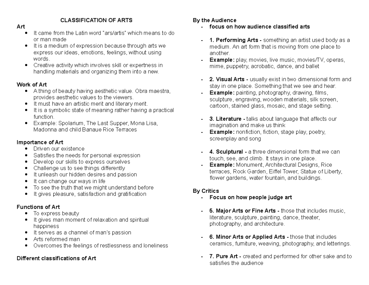 ART 2 - Classification and Importance of Different Art Forms - Studocu