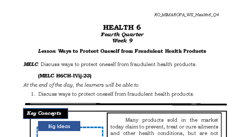RO_MIMAROPA_WS_Health6_Q4 Week 9 Lesson: Protecting Against Health ...