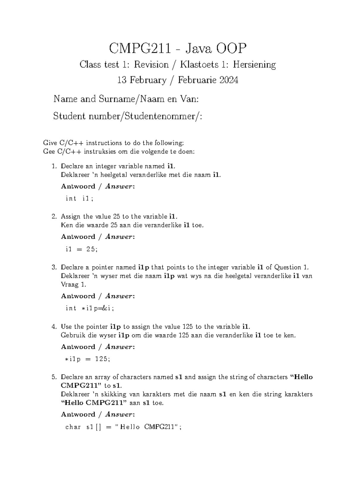 CMPG211 2023 CT1 Memo - Java OOP Class Test 1 Revision - Studocu