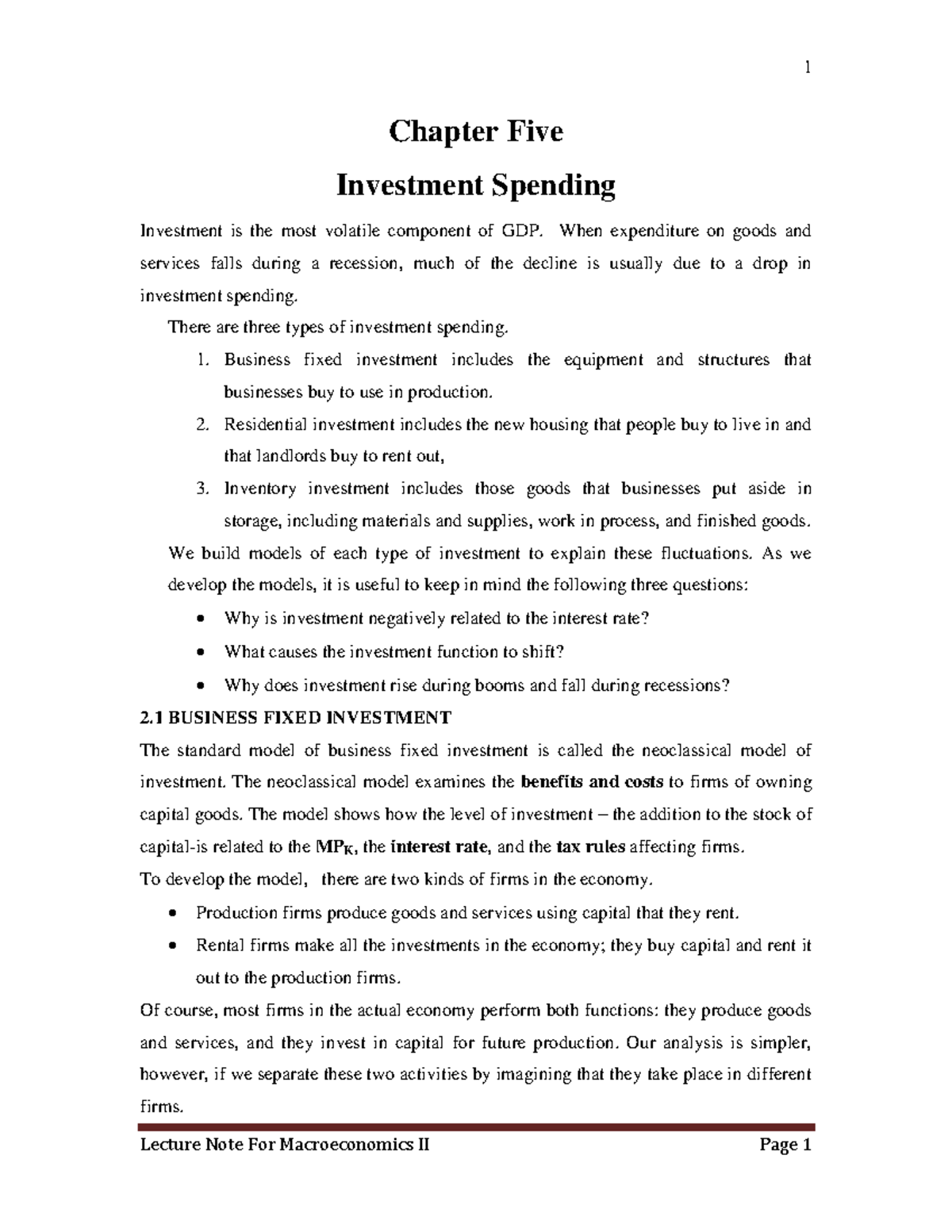 Chapter 5 - good - Chapter Five Investment Spending Investment is the ...