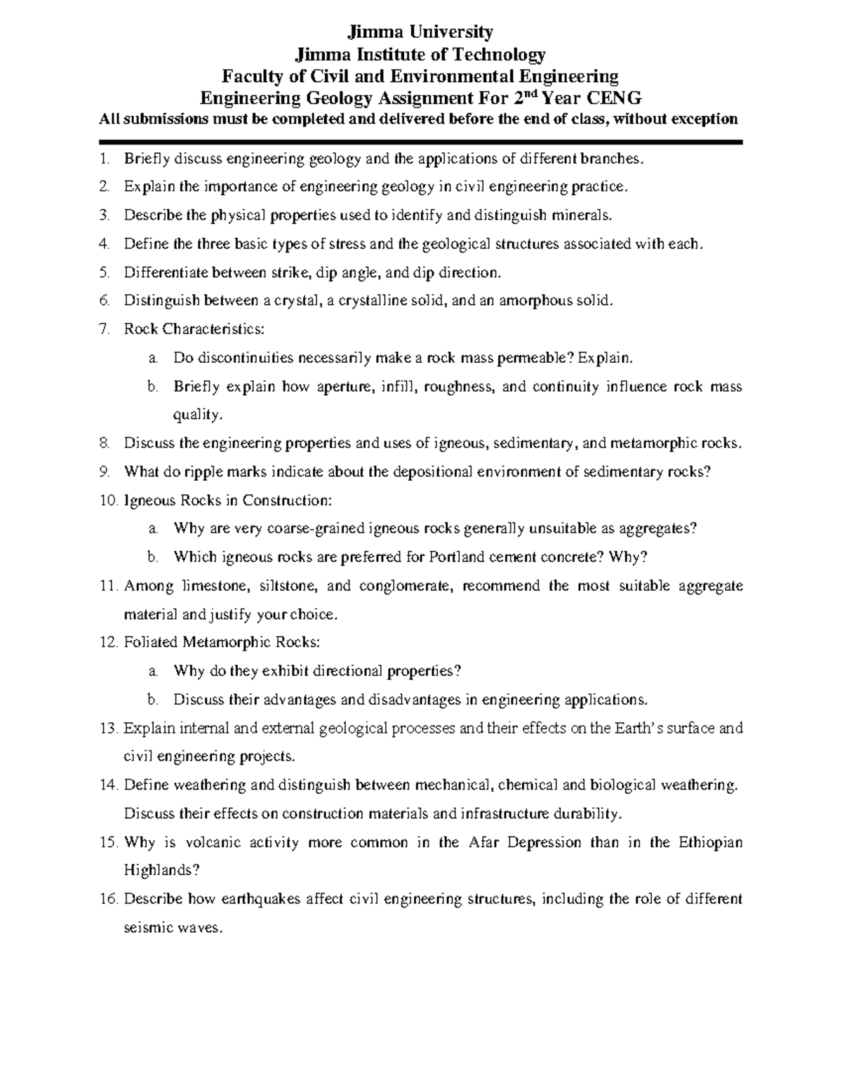 CENG Engineering Geology Individual Assignment for 2nd Year Students ...