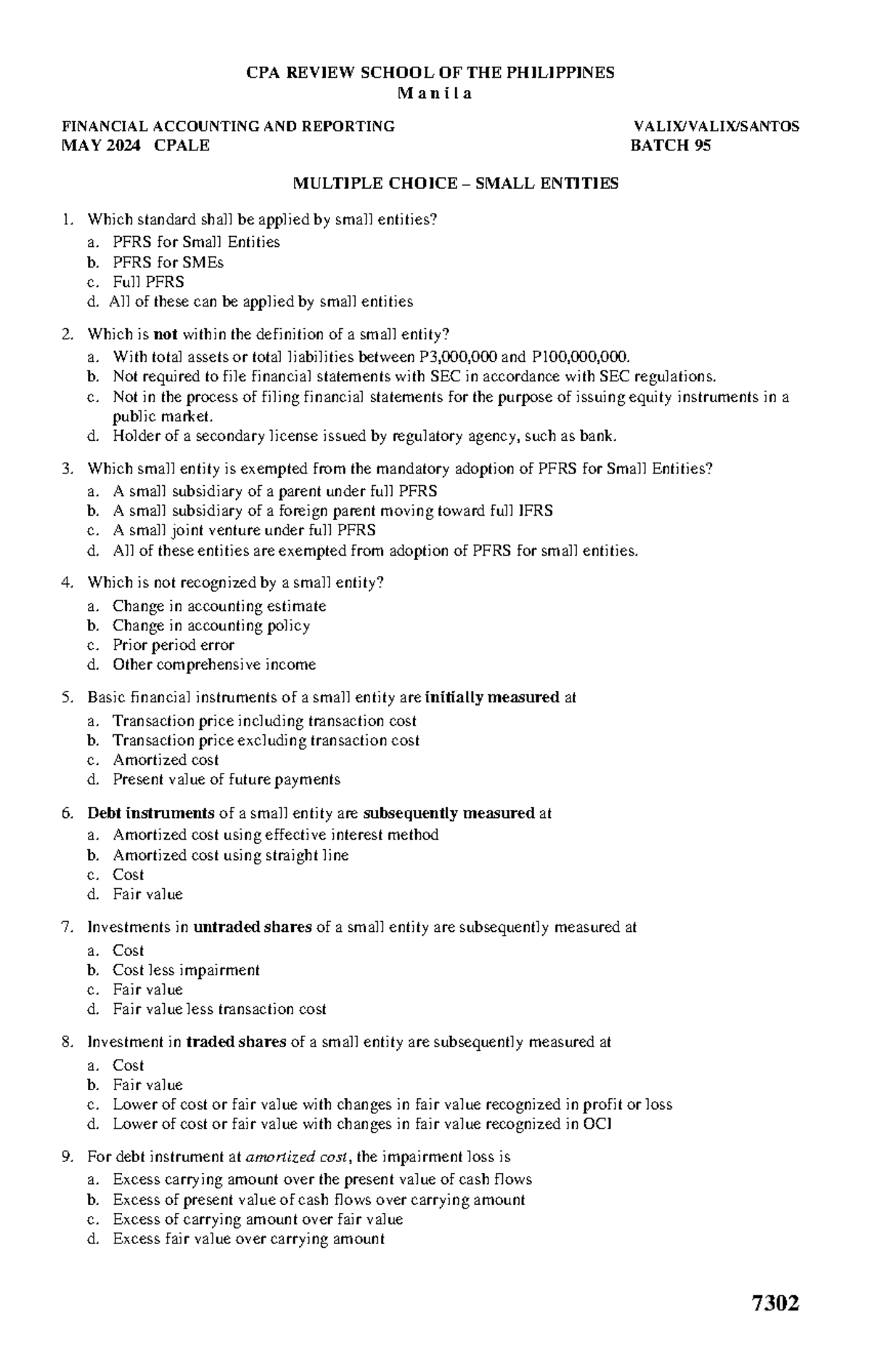 7302 - Multiple Choice - Small Entities - CPA REVIEW SCHOOL OF THE ...