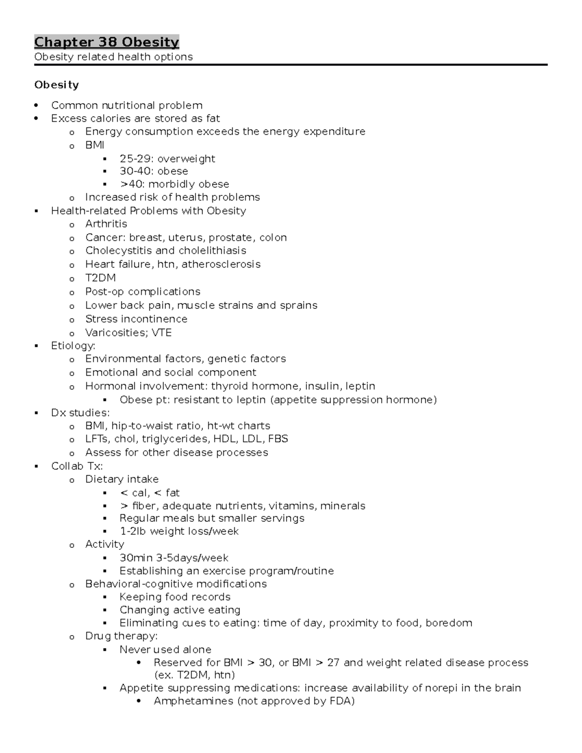 Chapter 38- obesity notes and note outline - Chapter 38 Obesity Obesity ...