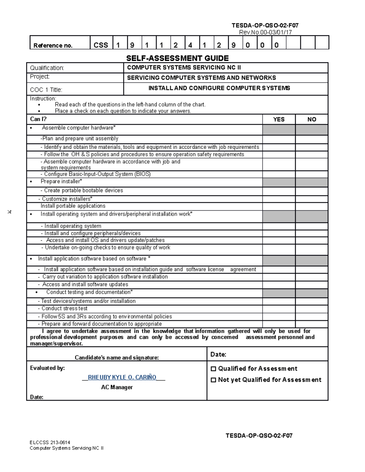 CSS NCII Self Assessment Guide - TESDA-OP-QSO-02-F Rev.No-03/01 ...
